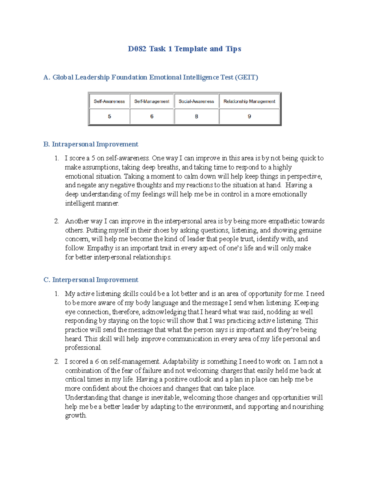 D082 Task 1 - Emotional Intelligence Task 1 - D082 Task 1 Template and Tips A. Global Leadership ...