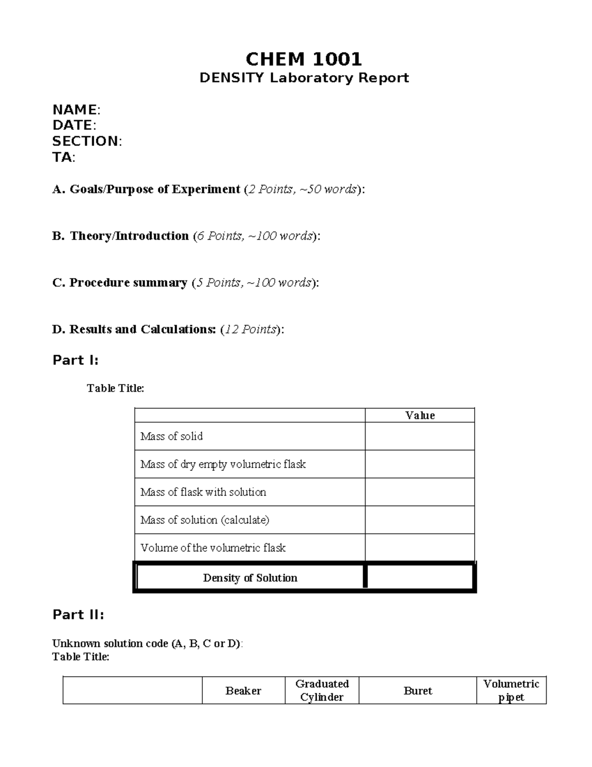 Density Lab report Template - CHEM 1001 DENSITY Laboratory Report NAME ...