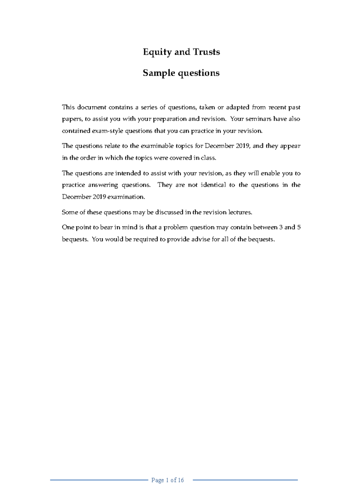 Equity and Trusts Sample Questions - Equity and Trusts Sample questions ...