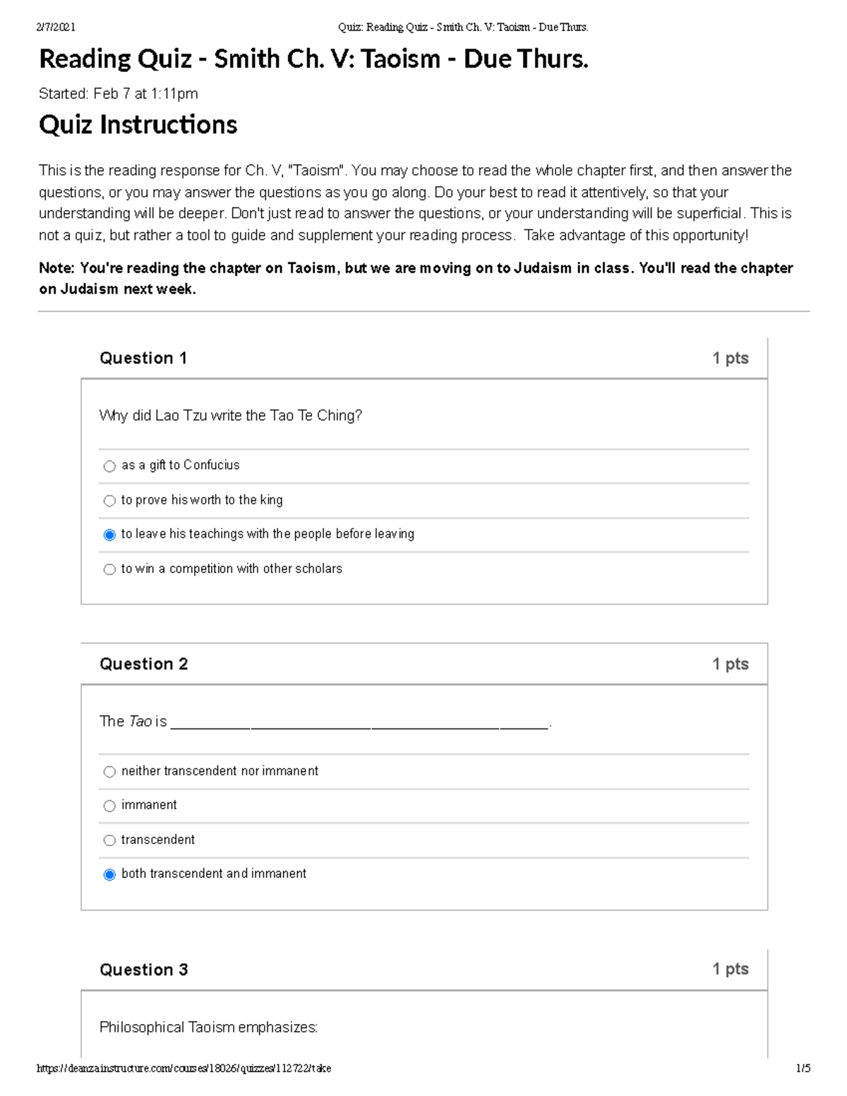 Quiz Reading Quiz - Smith Ch. V Taoism - Reading Quiz - Smith Ch. V ...
