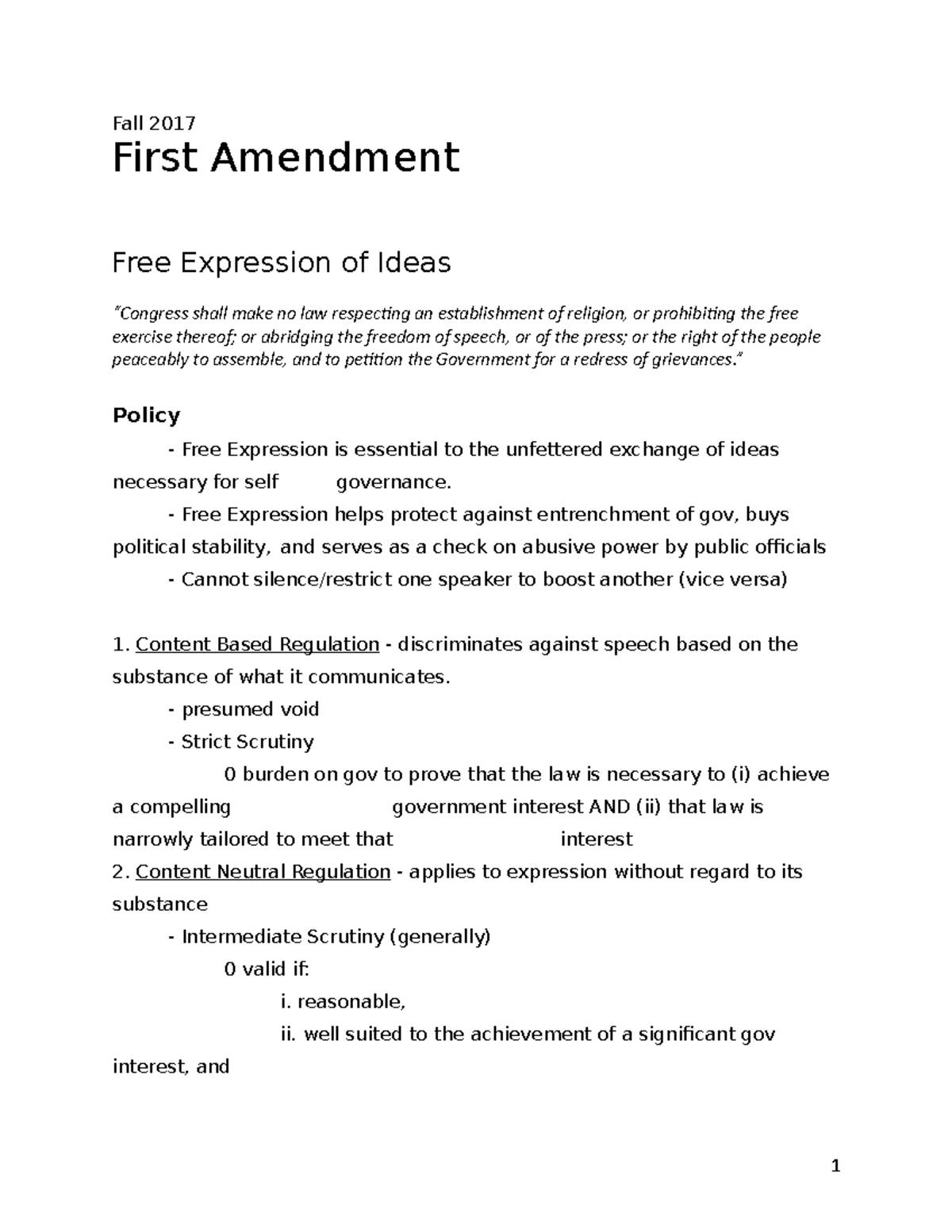 First Amendment Outline - Fall 2017 First Amendment Free Expression of ...