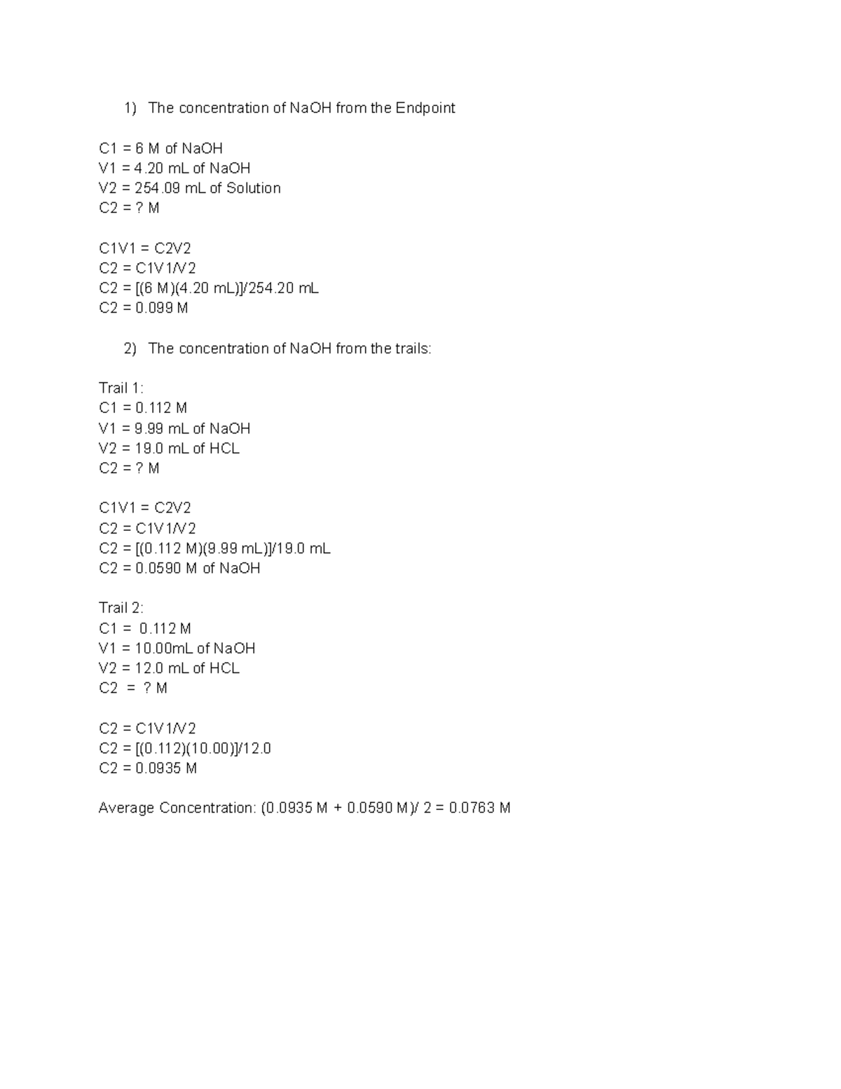 Appendix for Acid Base Titration - The concentration of NaOH from the Endpoint C1 = 6 M of NaOH ...