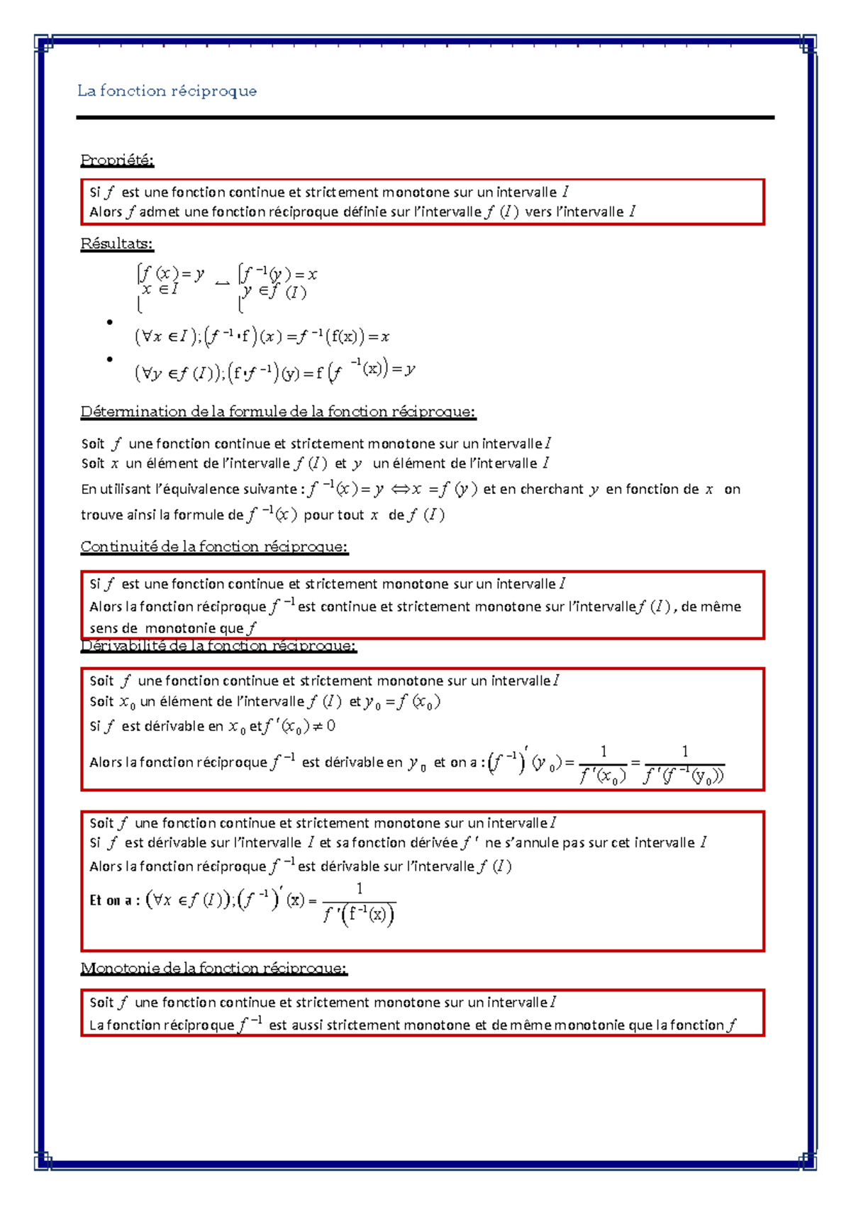 Résume 3 de cours la fonction reciproque - La fonction réciproque Si f ...