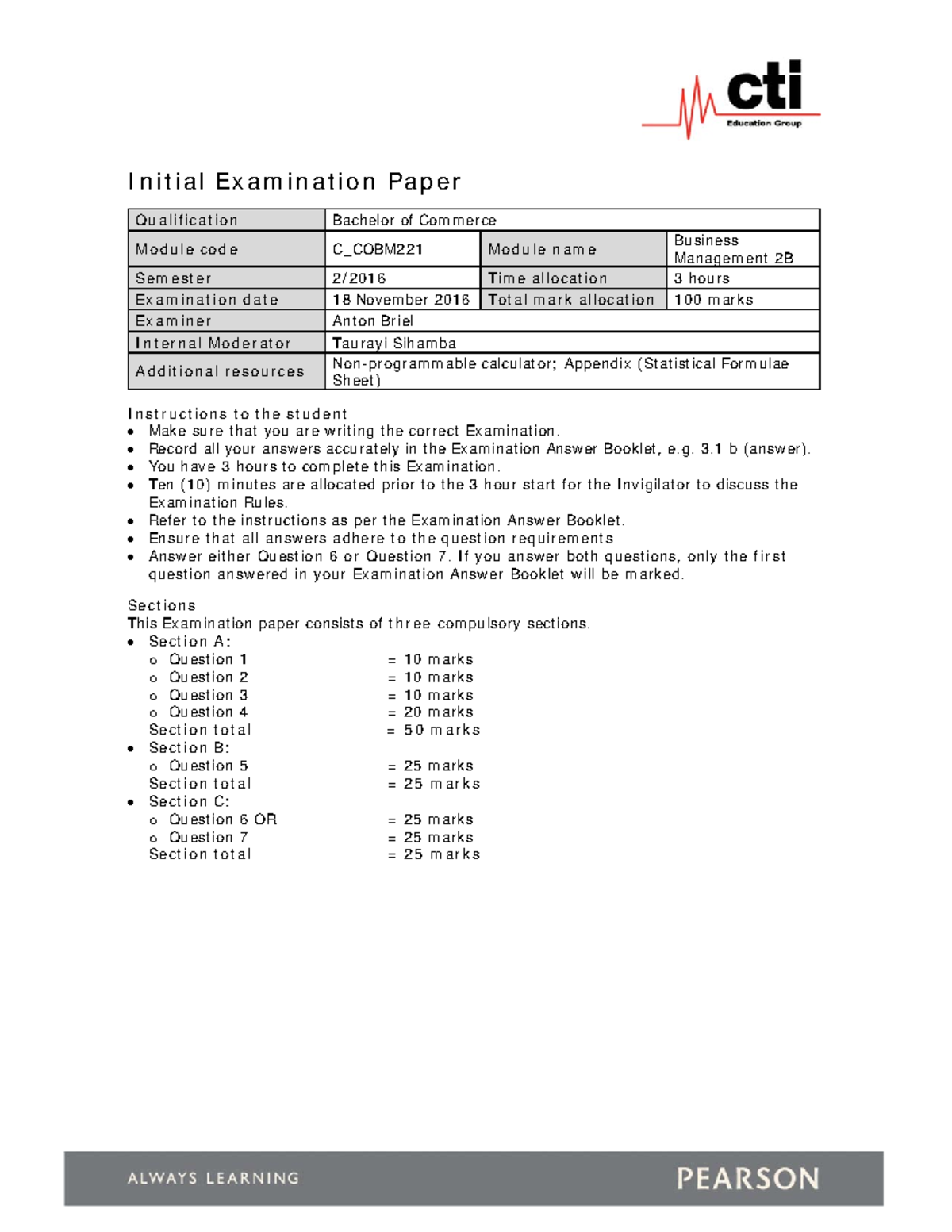 2016 C COBM221 Initial Exam Paper V1.0 - Initial Examination Paper ...