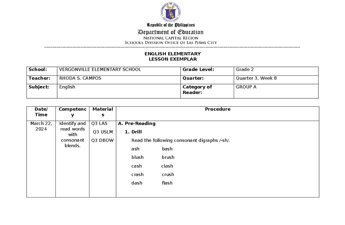 WEEK 8 - practice - ENGLISH ELEMENTARY LESSON EXEMPLAR School ...