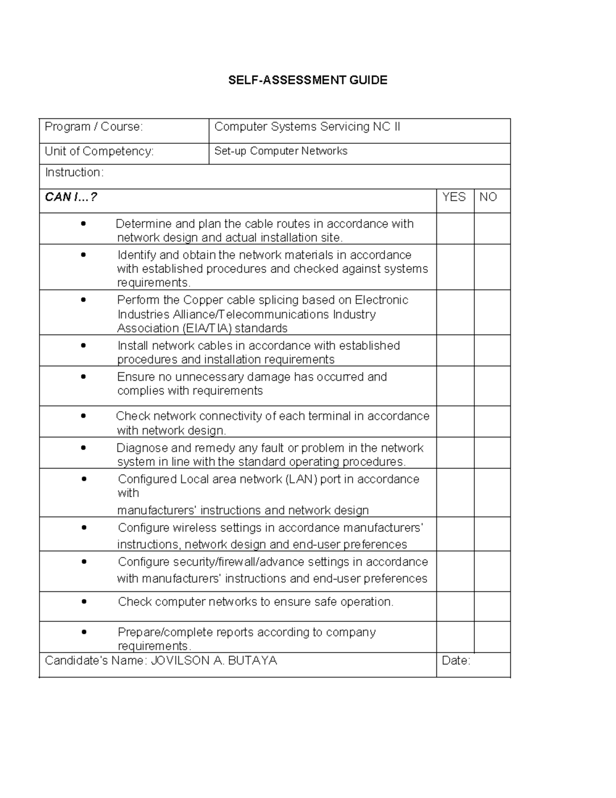SELF- Assessment Guide - SELF-ASSESSMENT GUIDE Program / Course: Computer Systems Servicing NC ...