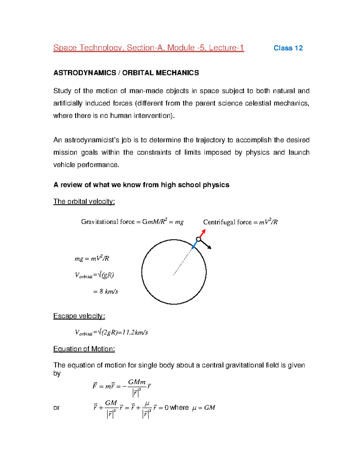 Lecture 12 - Space Technology - Space Technology, Section-A, Module -5 ...