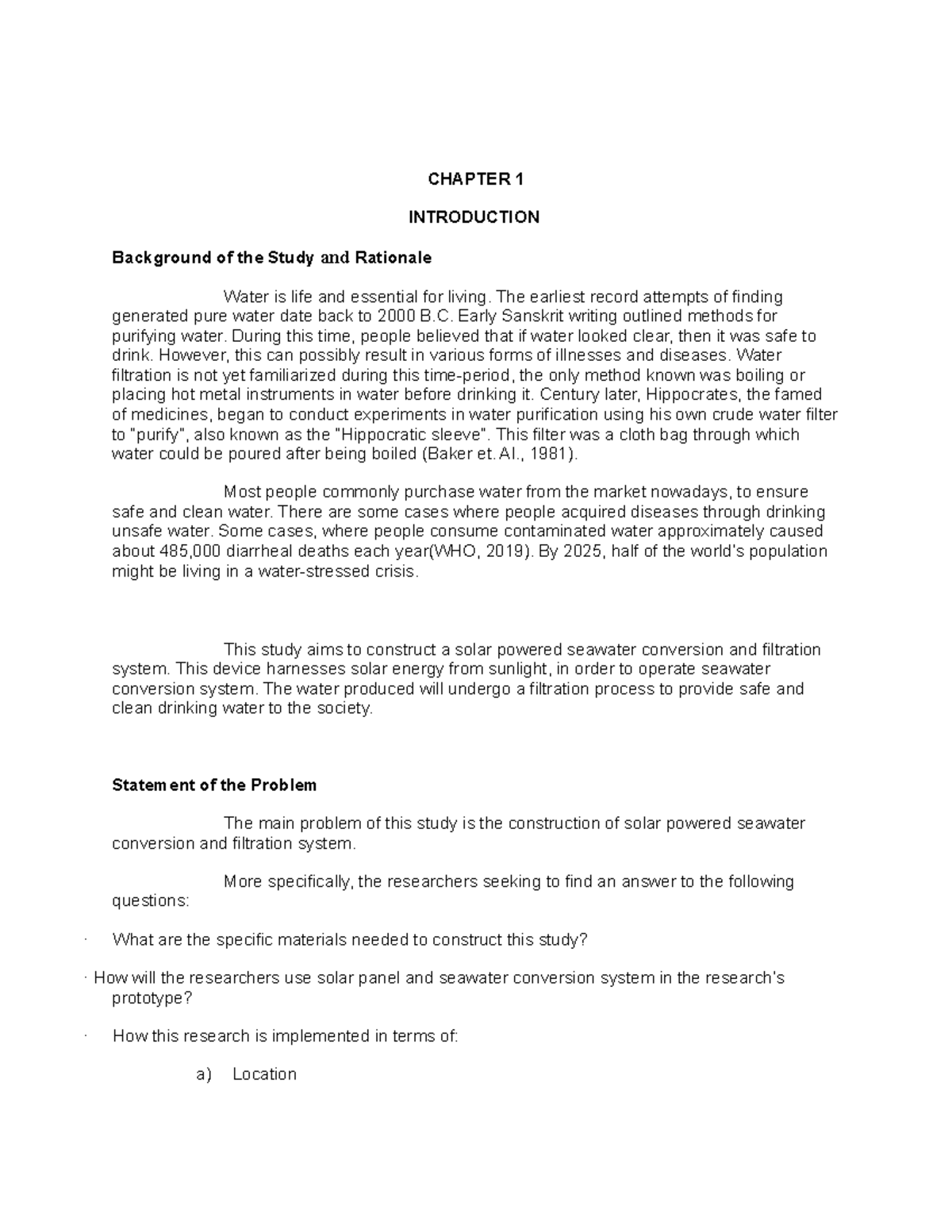 Jomar 1 - sammarry - CHAPTER 1 INTRODUCTION Background of the Study and Rationale Water is life ...