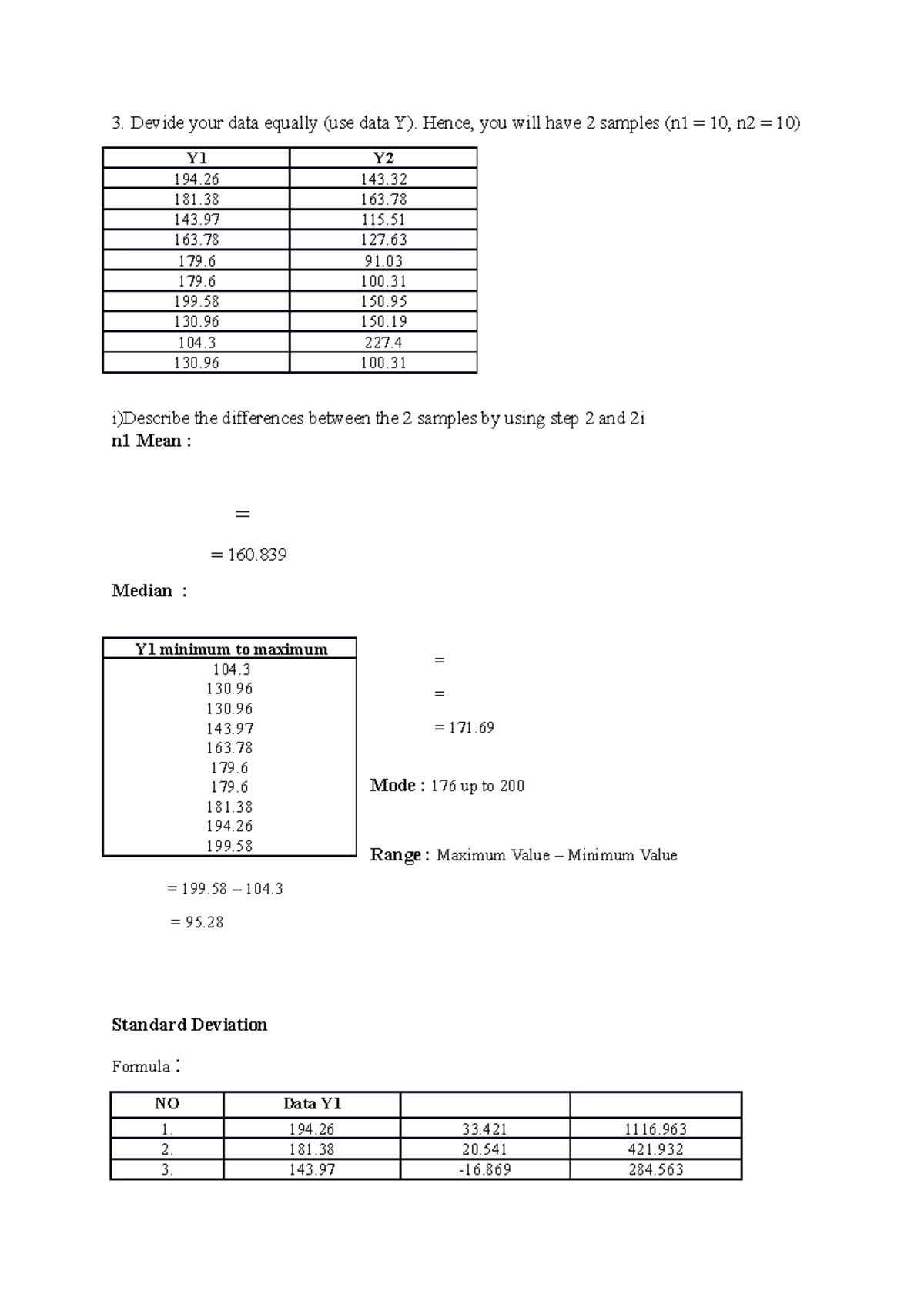 Assignment Statistic Devide Your Data Equally Use Data Y Hence