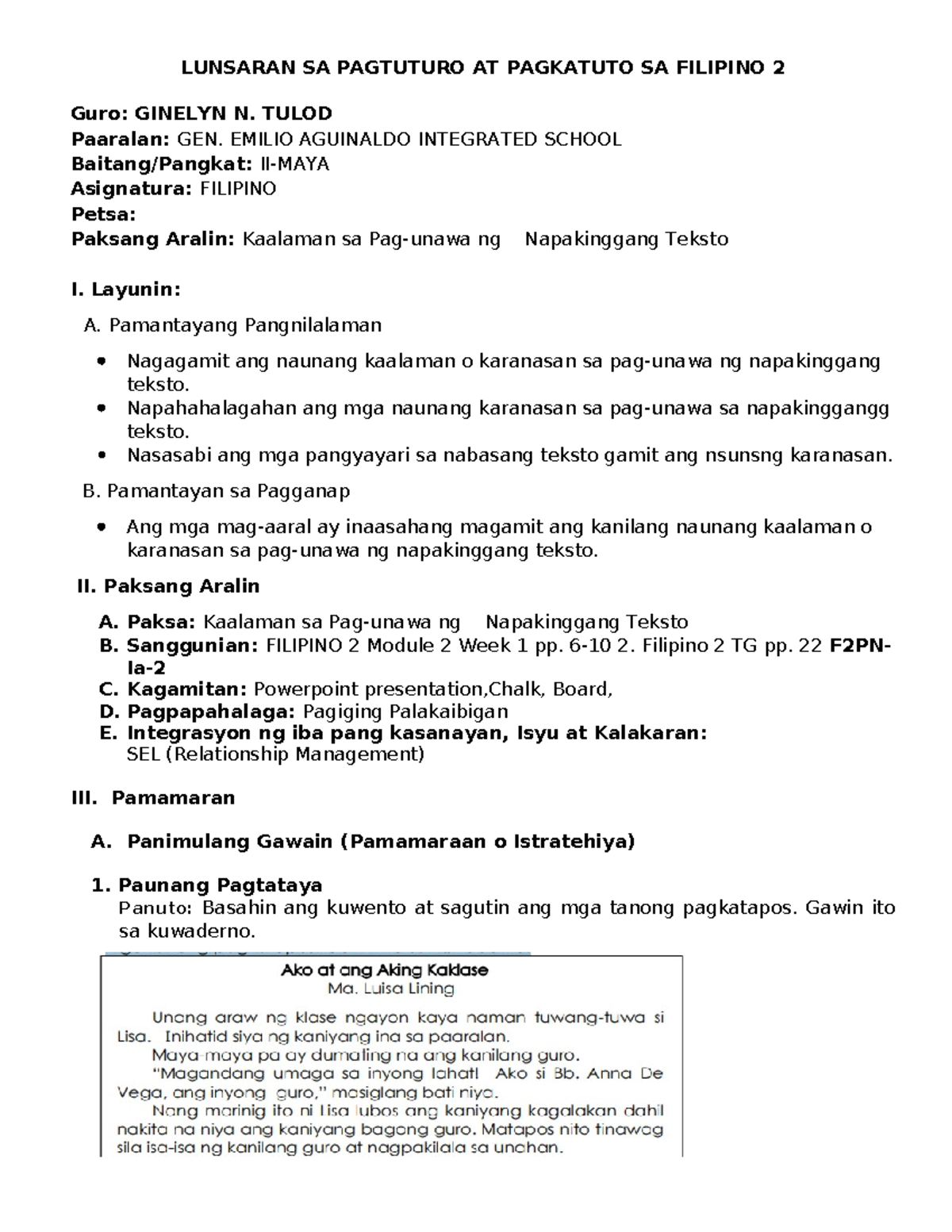 Q1- Filipino- Lesson PLAN - W-1 - LUNSARAN SA PAGTUTURO AT PAGKATUTO SA ...