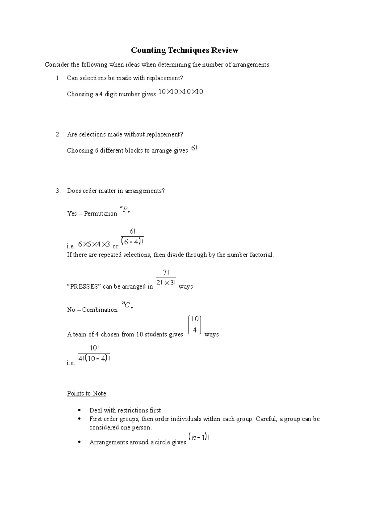 Counting Techniques Review - Counting Techniques Review Consider the ...