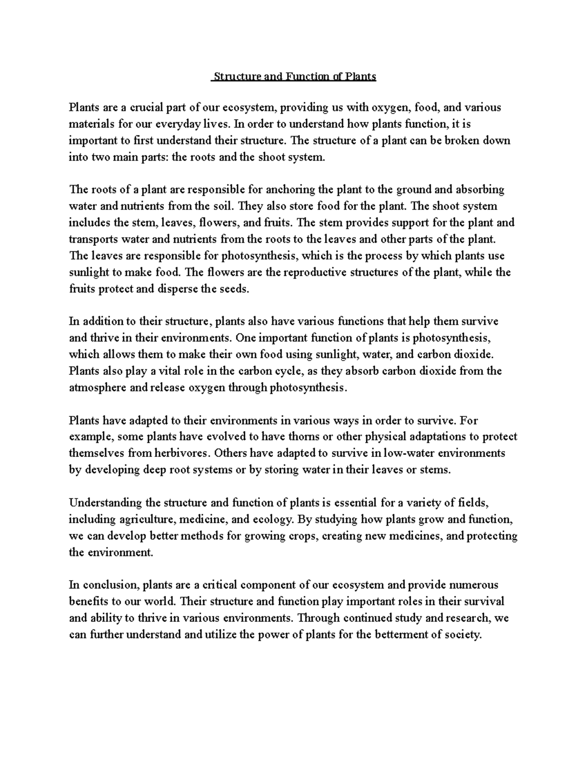 Structure and Function of Plants - In order to understand how plants ...