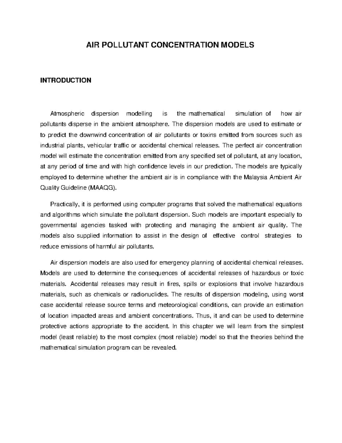 AIR Pollutant Concentration Models - AIR POLLUTANT CONCENTRATION MODELS ...