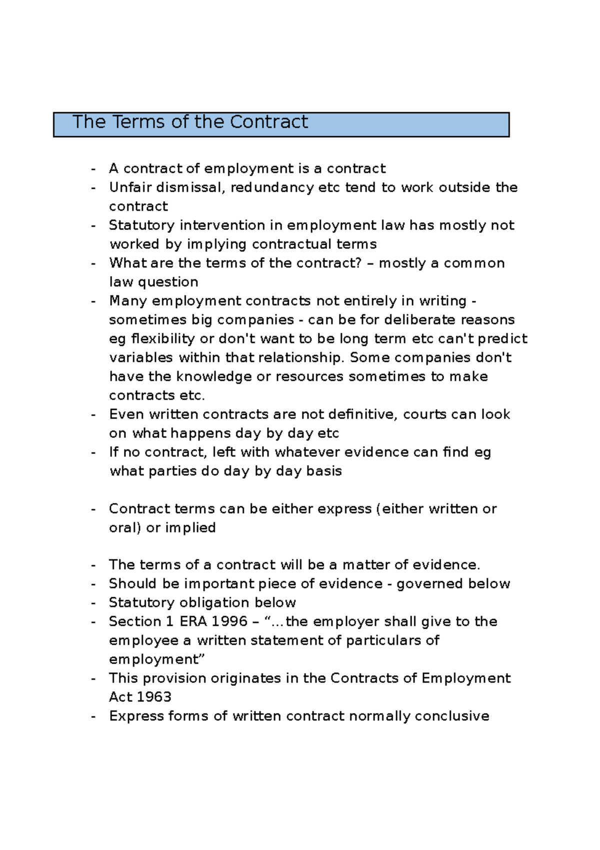 Employment Law - The Terms of the Contract - The Terms of the Contract ...