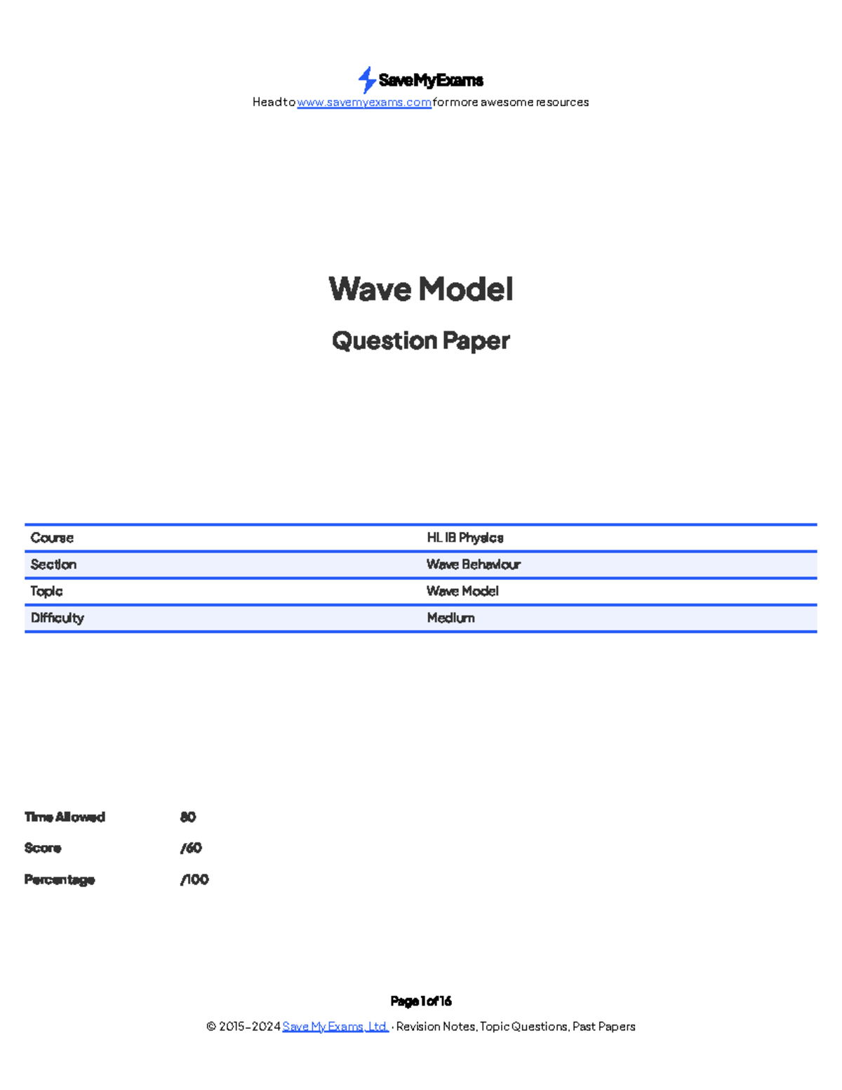 Wave H 1 - Wave practice - Page 1 of 16 Wave Model Question Paper Course HL IB Physics Section ...