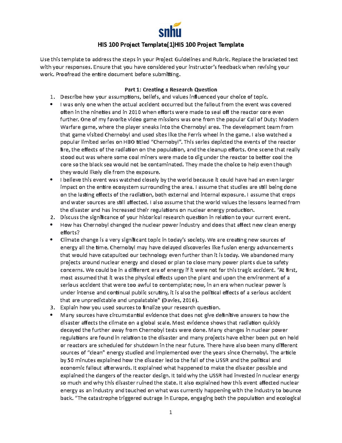 HIS 100 Project (BG) - Chernobyl - HIS 100 Project Template(1)HIS 100 ...