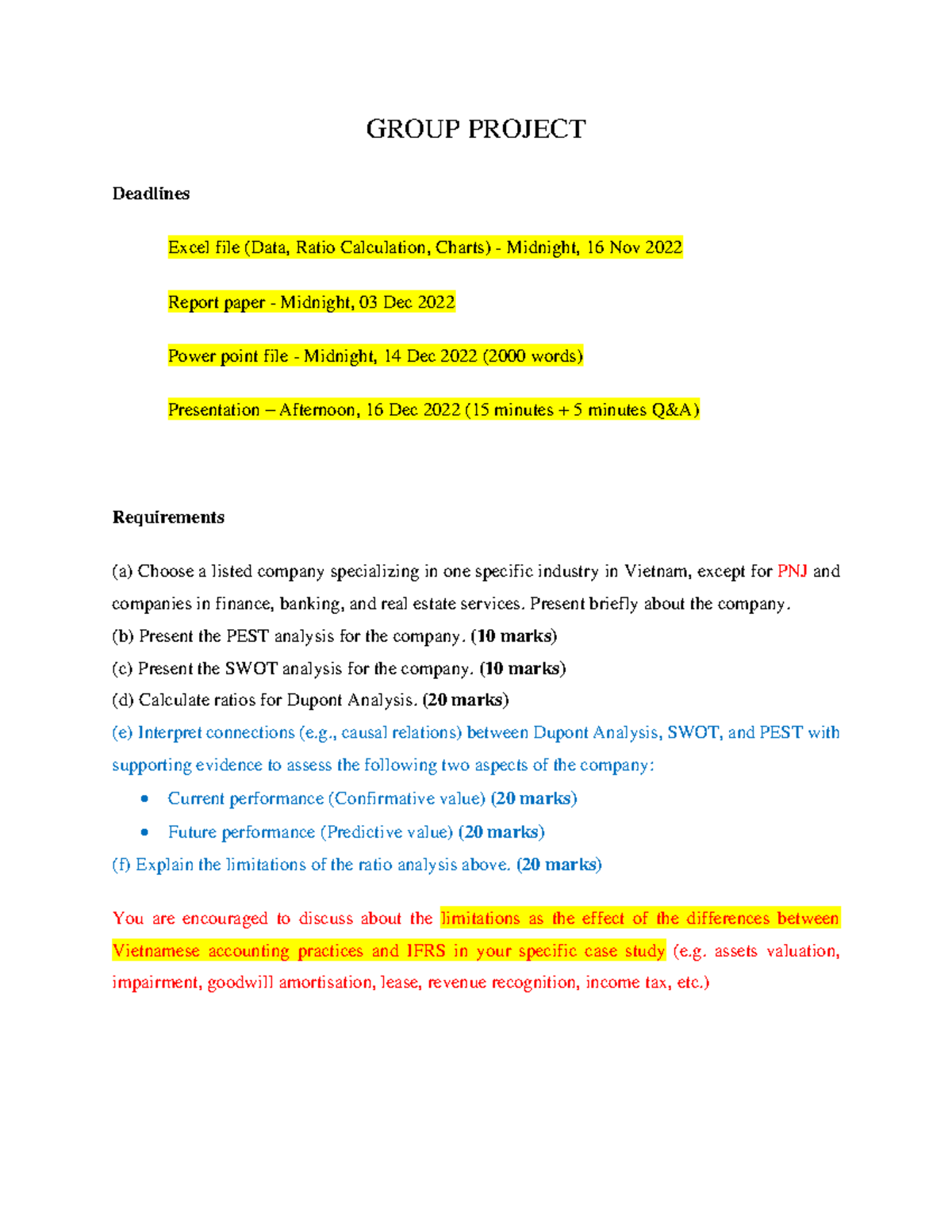 Group Project Ratio Analysis - GROUP PROJECT Deadlines Excel file (Data ...