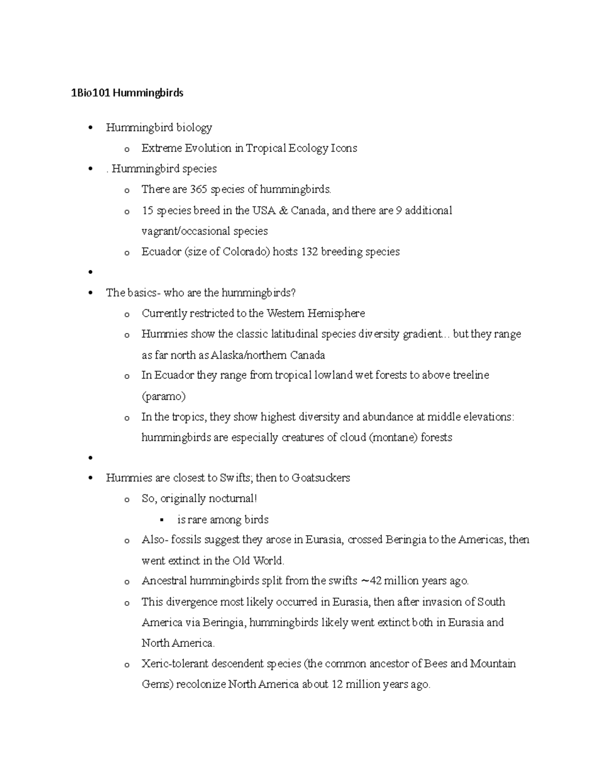 Bio101 Hummingbirds - 1Bio101 Hummingbirds Hummingbird biology o ...