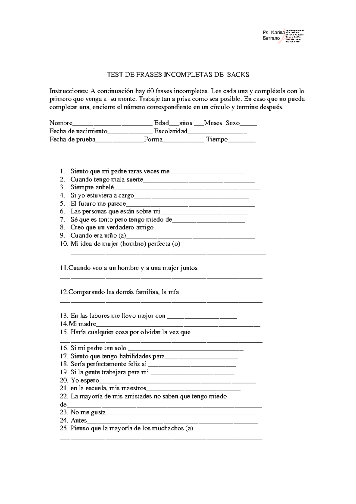 Test de Frases incompletas de Sacks - TEST DE FRASES INCOMPLETAS DE ...