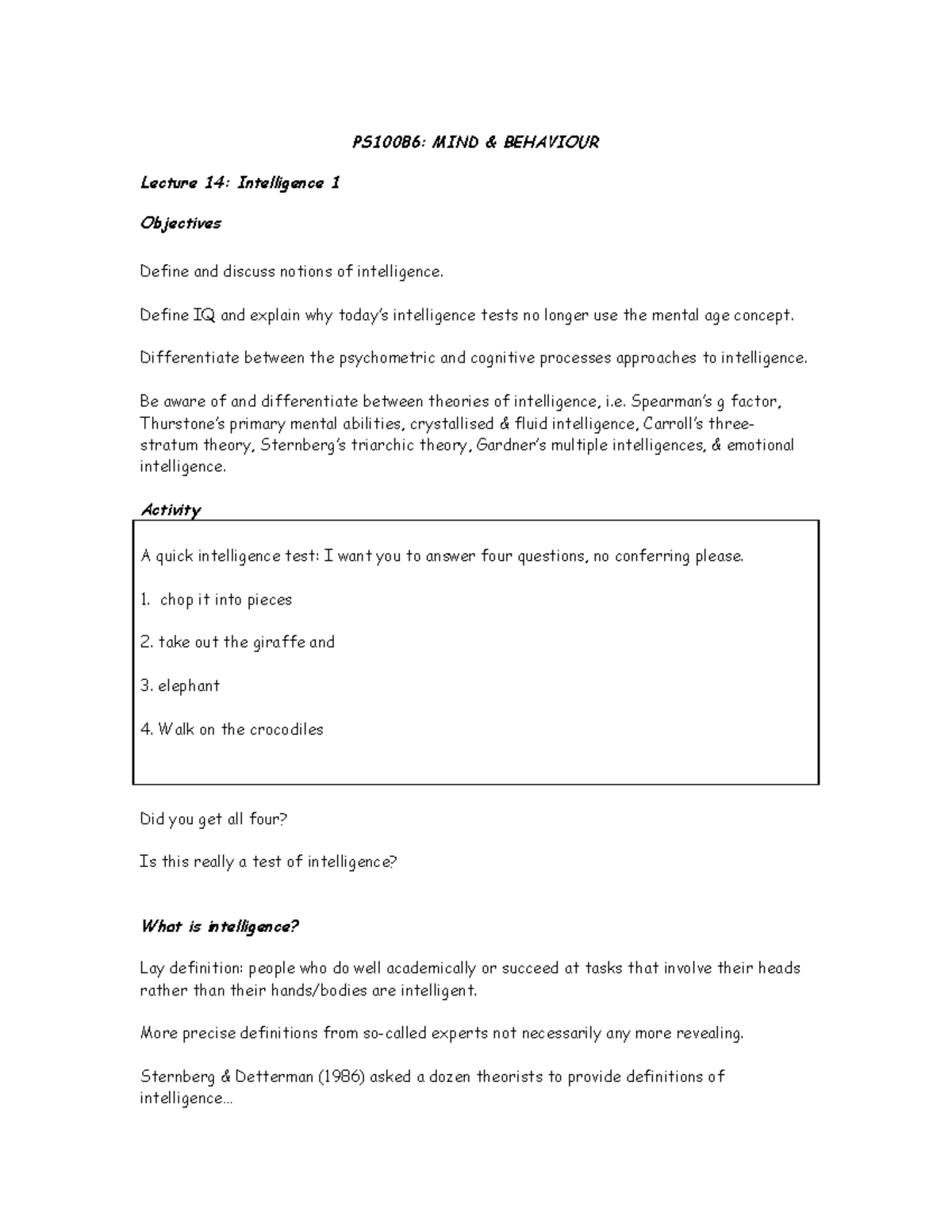Lecture 14 Intelligence Handout - PS10086: MIND BEHAVIOUR Lecture 14 ...