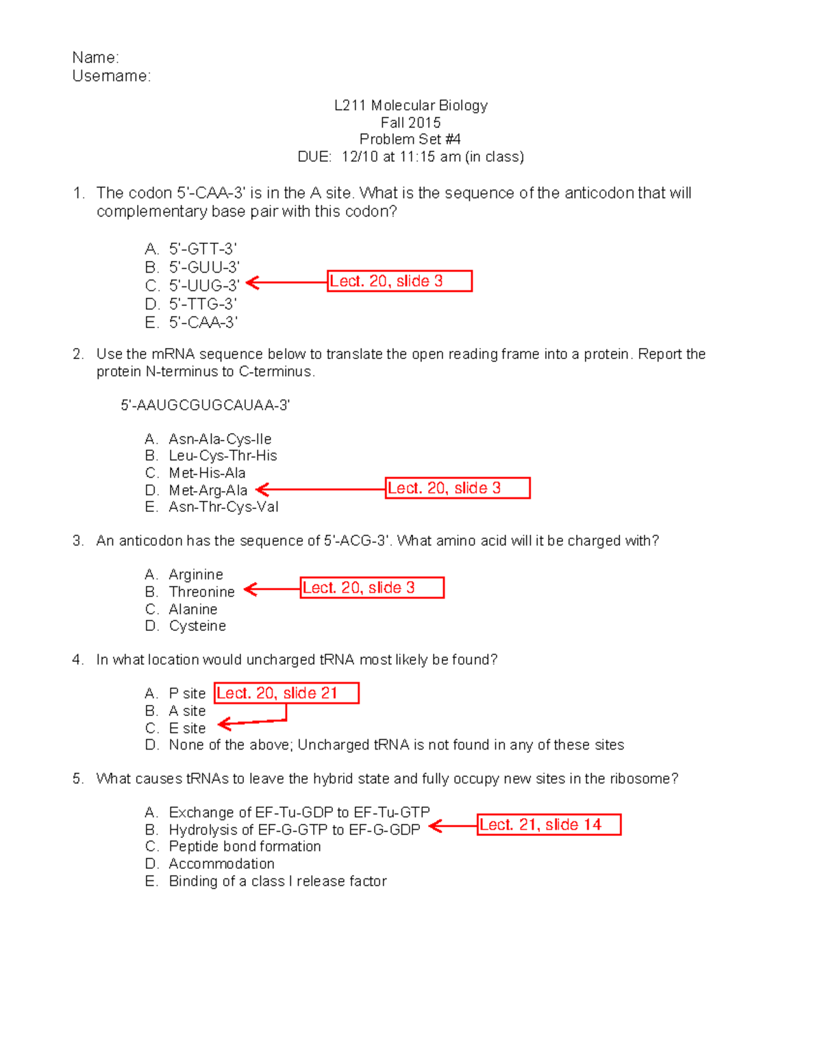 L211 2015 Problem Set 4 - Name: Username: L211 Molecular Biology Fall ...