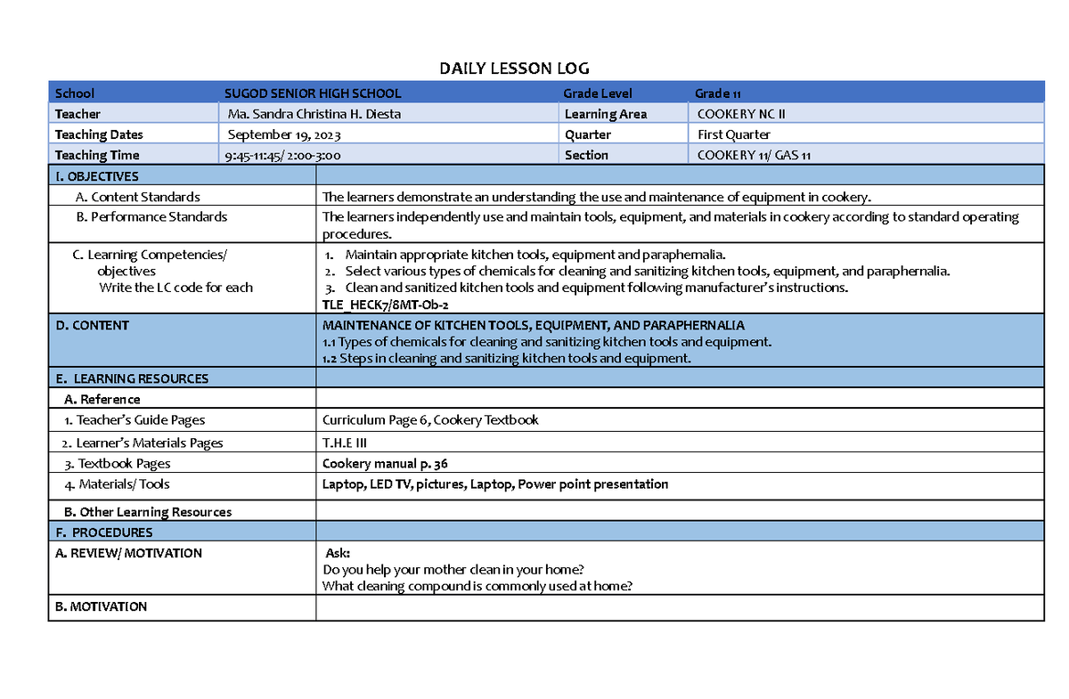 DLL Cookery Day 10 - a lesson plan kin COOOKERY 11 - DAILY LESSON LOG ...