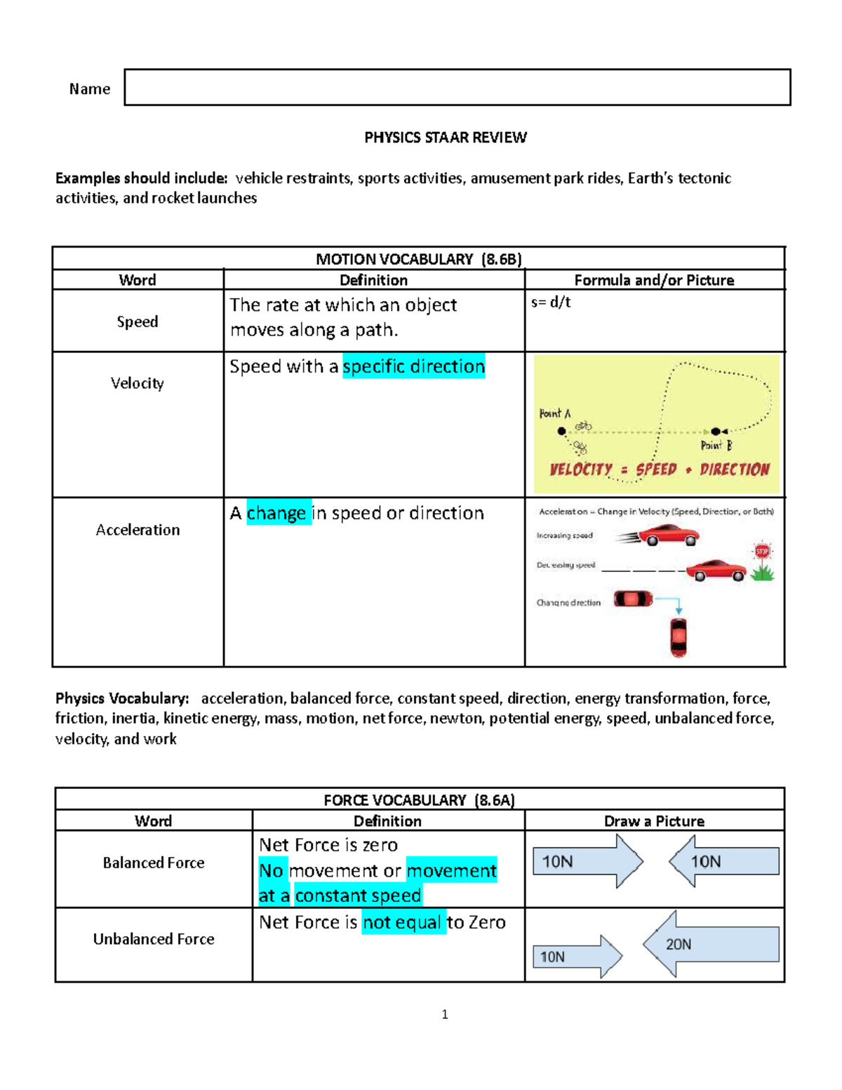 Staar Review - Physics - Name PHYSICS STAAR REVIEW Examples should ...