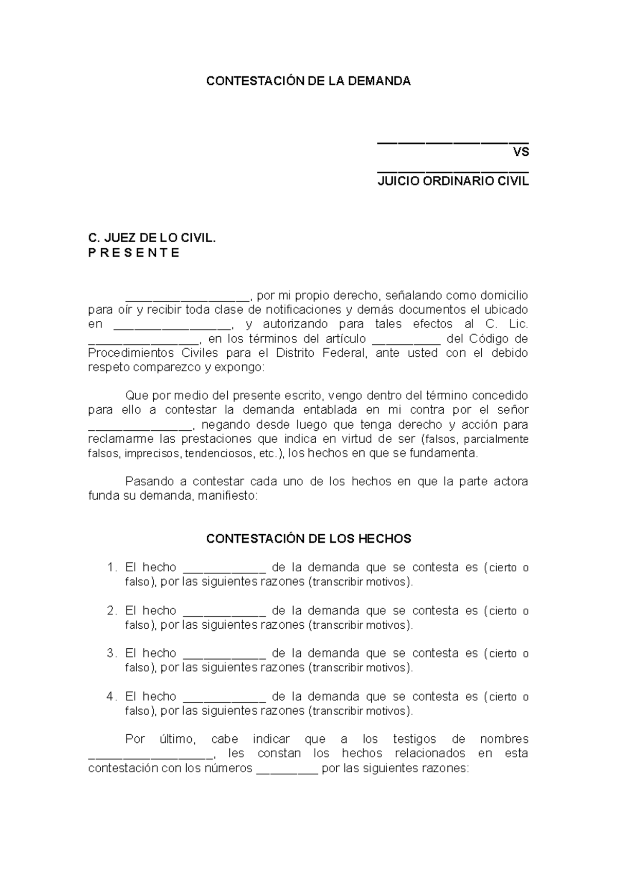 Civil 30 - Formato de demanda - CONTESTACIÓN DE LA DEMANDA ...