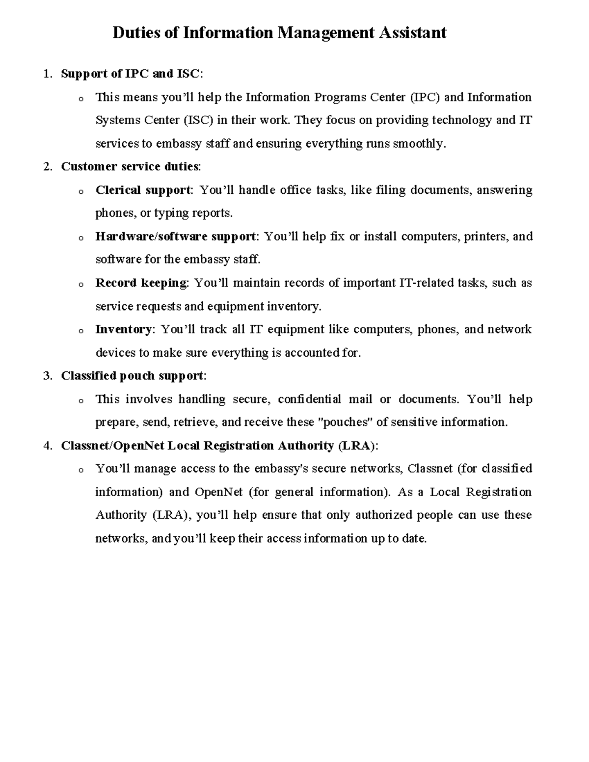 Duties of Information Management Assistant - They focus on providing ...