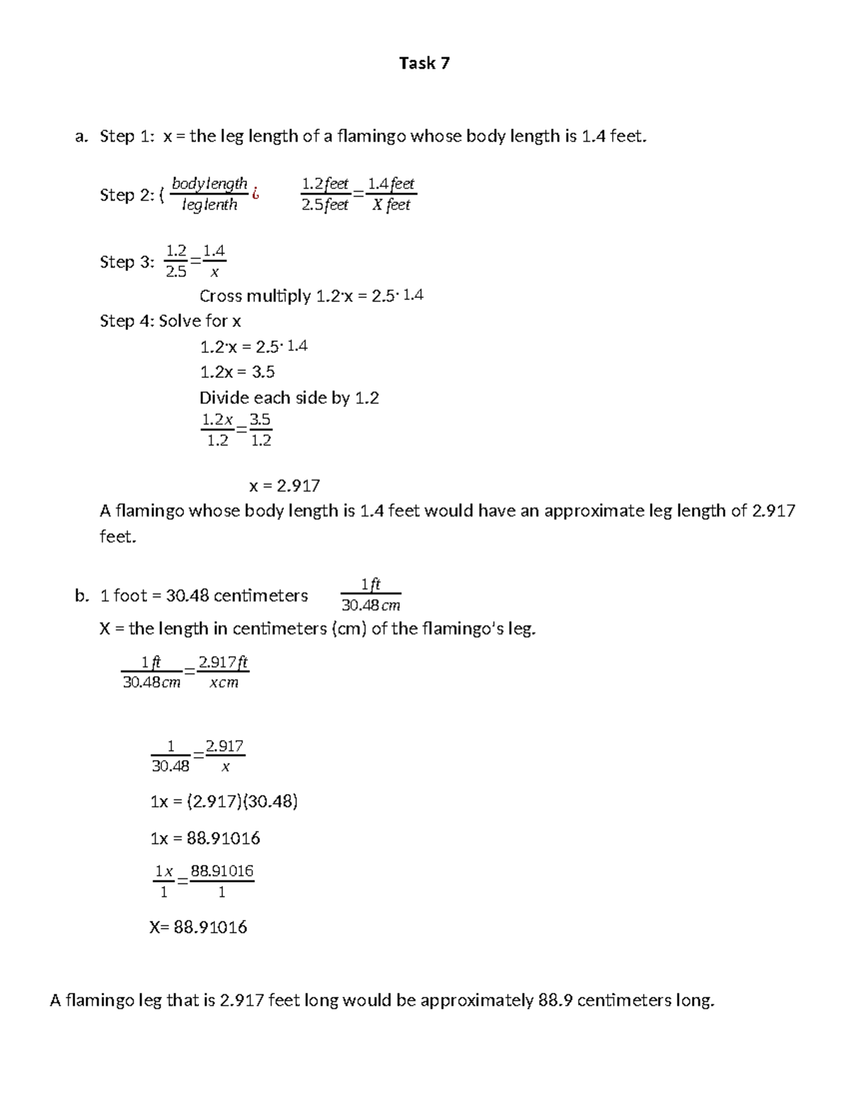 Finite Math Task 7 - Task 7 a. Step 1: x = the leg length of a flamingo whose body length is 1 ...