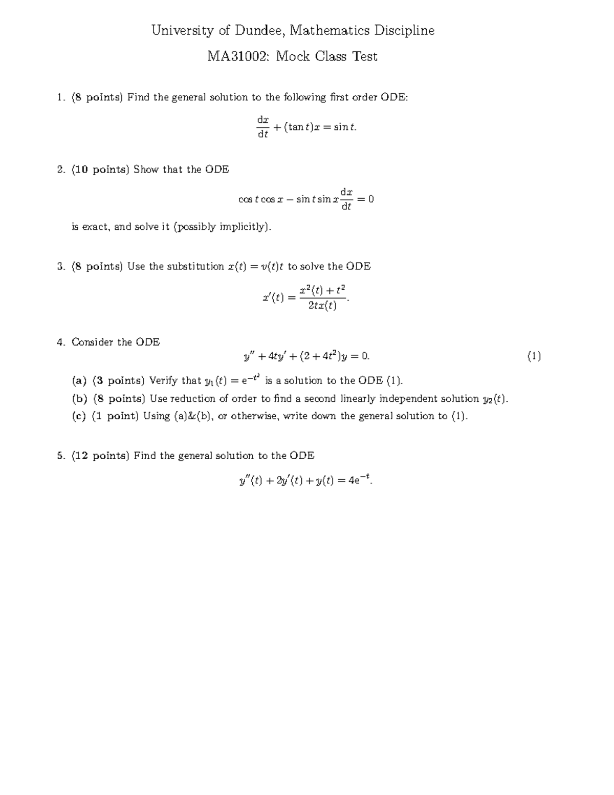MA31002 Mock Class Test - University of Dundee, Mathematics Discipline ...