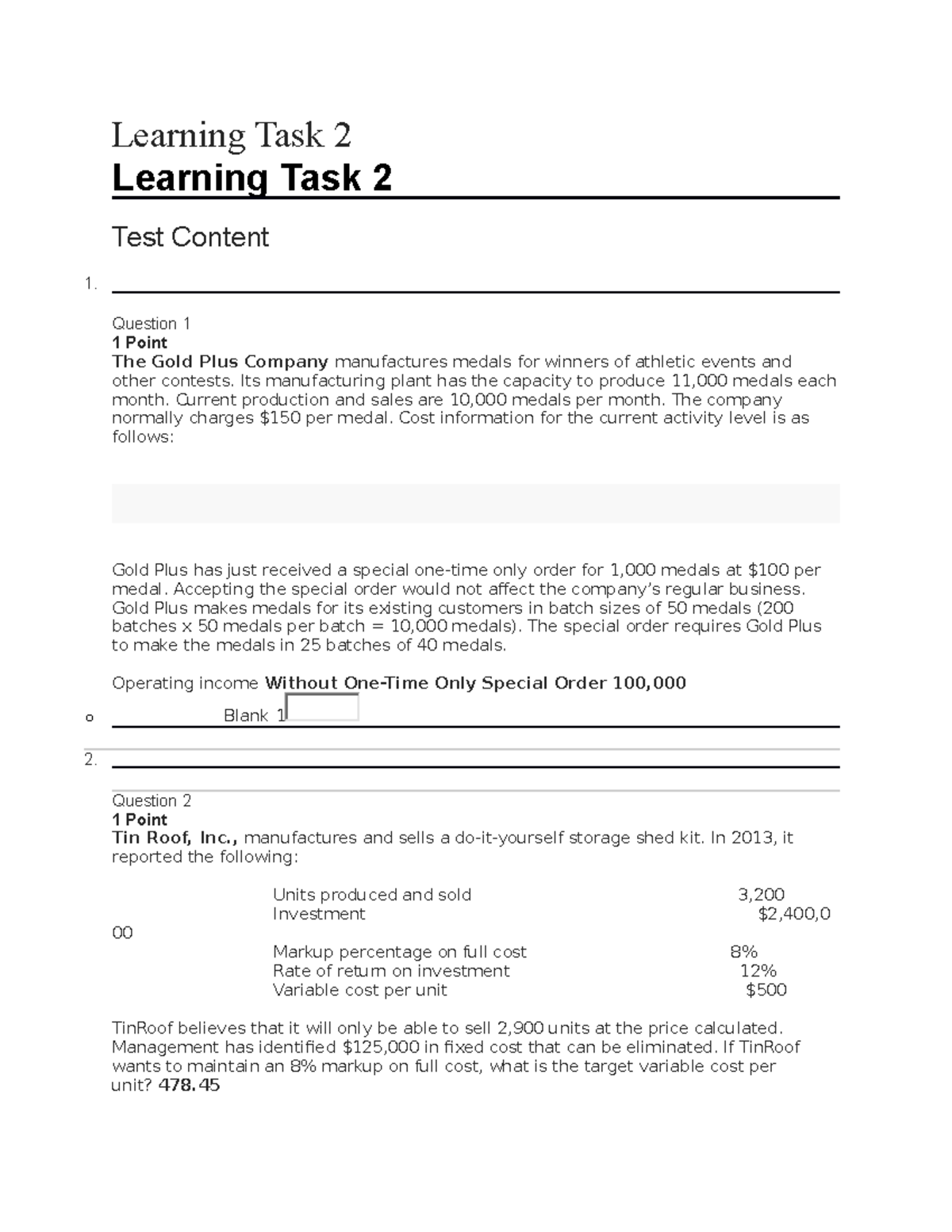MANEGERIAL ACCOUNTING - Learning Task 2 Learning Task 2 Test Content 1 ...