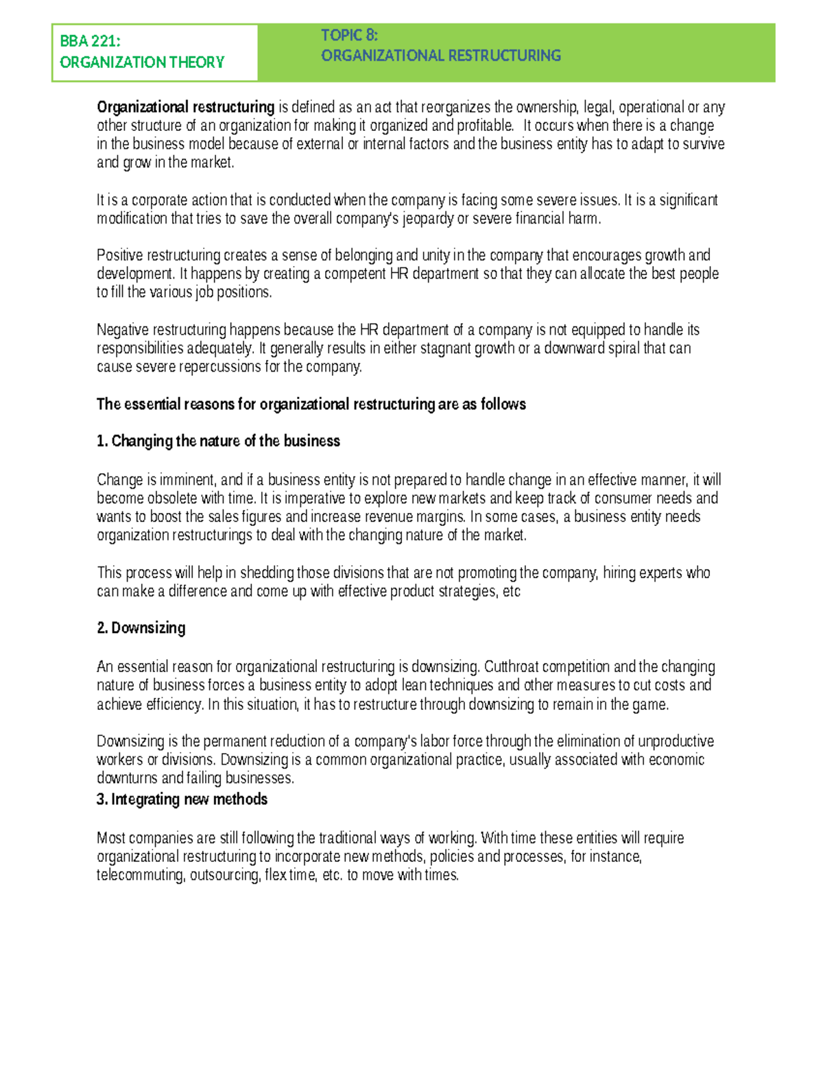 Organizational Restructuring 1 - TOPIC 8: ORGANIZATIONAL RESTRUCTURING ...