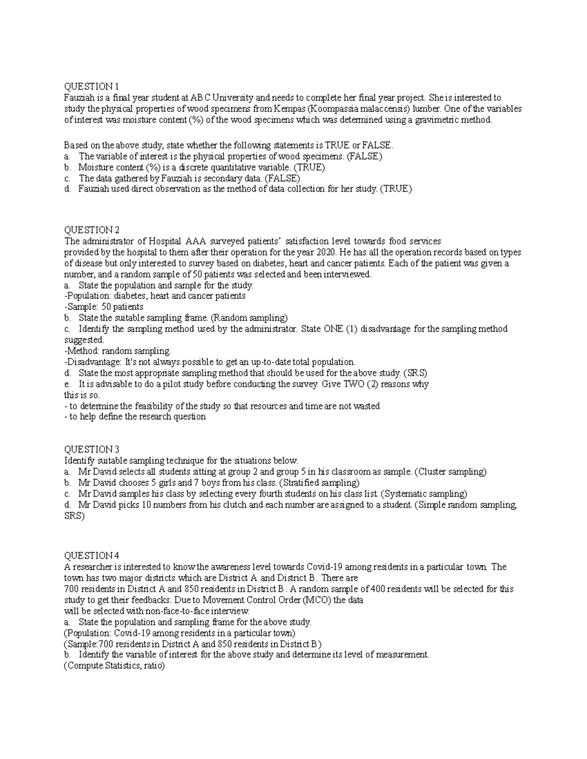 Tutorial 1 STA 108 CHAPTER 1 - QUESTION 1 Fauziah is a final year ...