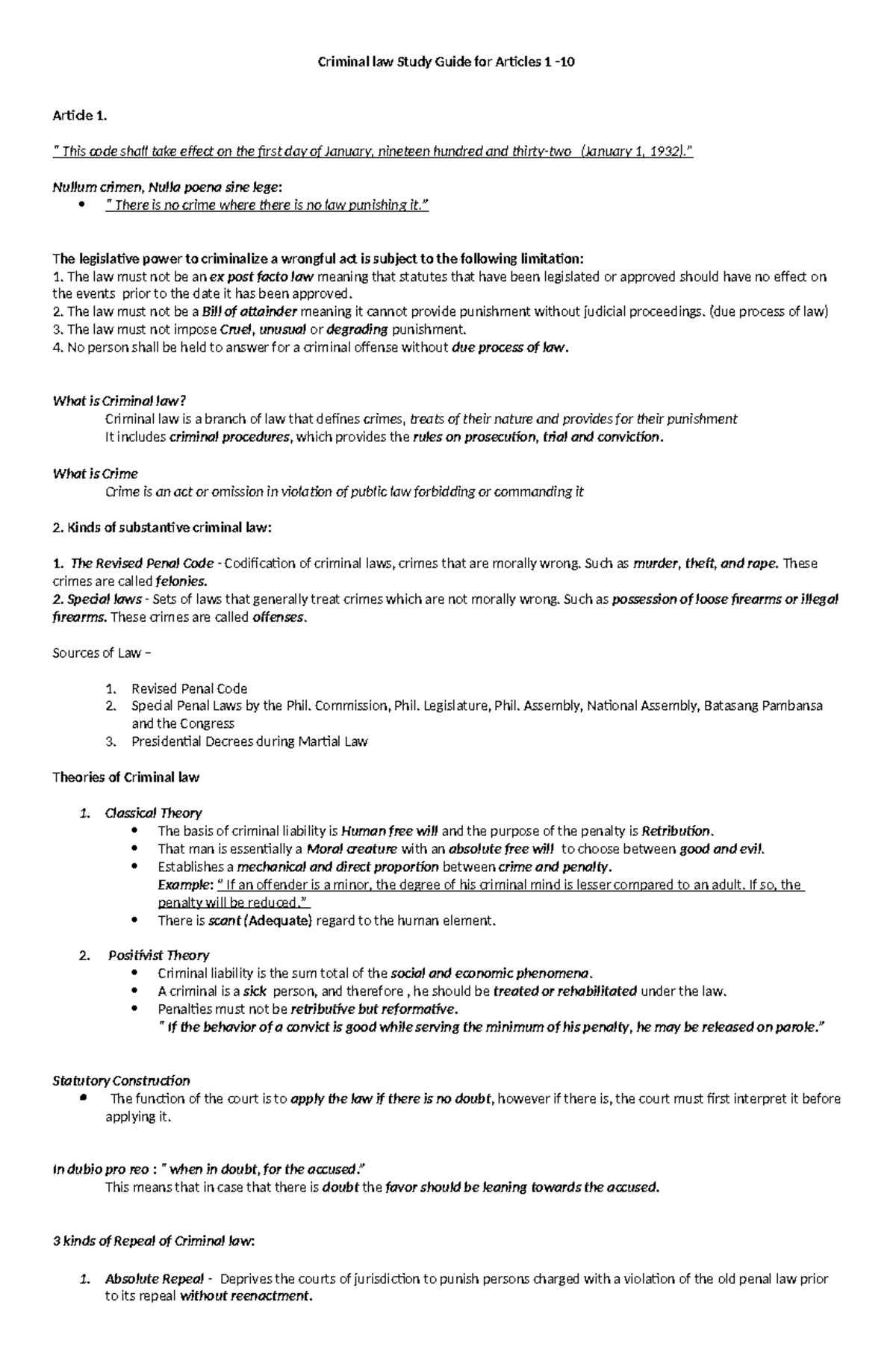 Criminal law Study Guide for Articles 1 - “ This code shall take effect ...