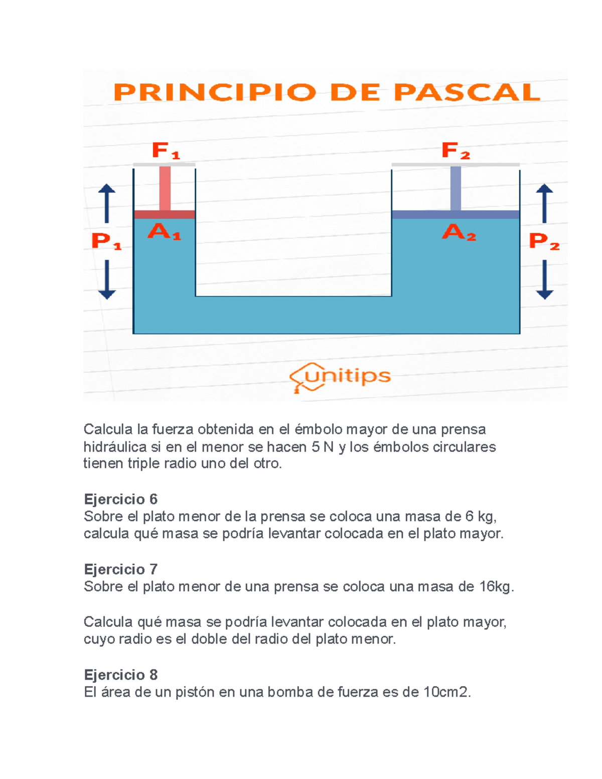 Taller de pascal y arquimedes - Calcula la fuerza obtenida en el émbolo mayor de una - Studocu