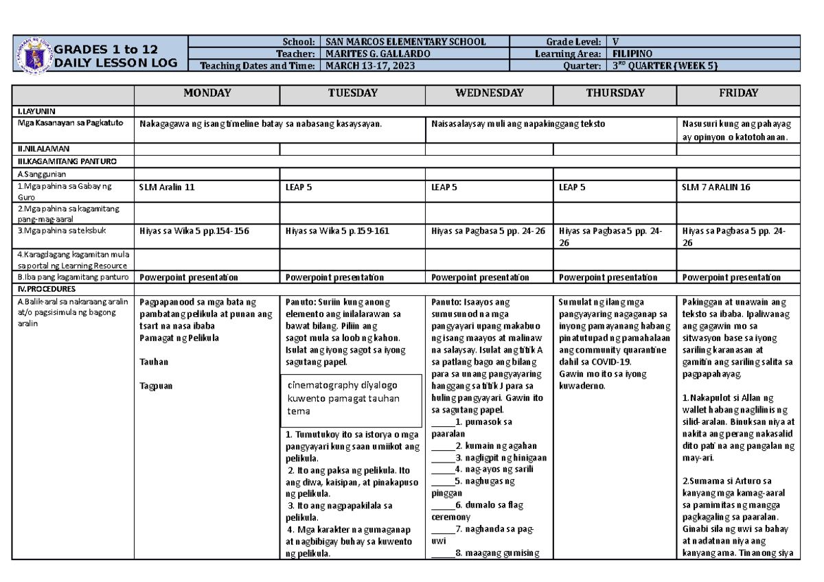 DLL Filipino-5 Q3 W4 - dll - GRADES 1 to 12 DAILY LESSON LOG School ...
