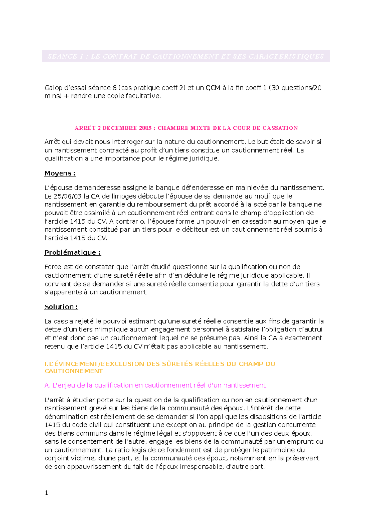 TD1 - Travail n°1 - SÉANCE 1 : LE CONTRAT DE CAUTIONNEMENT ET SES ...