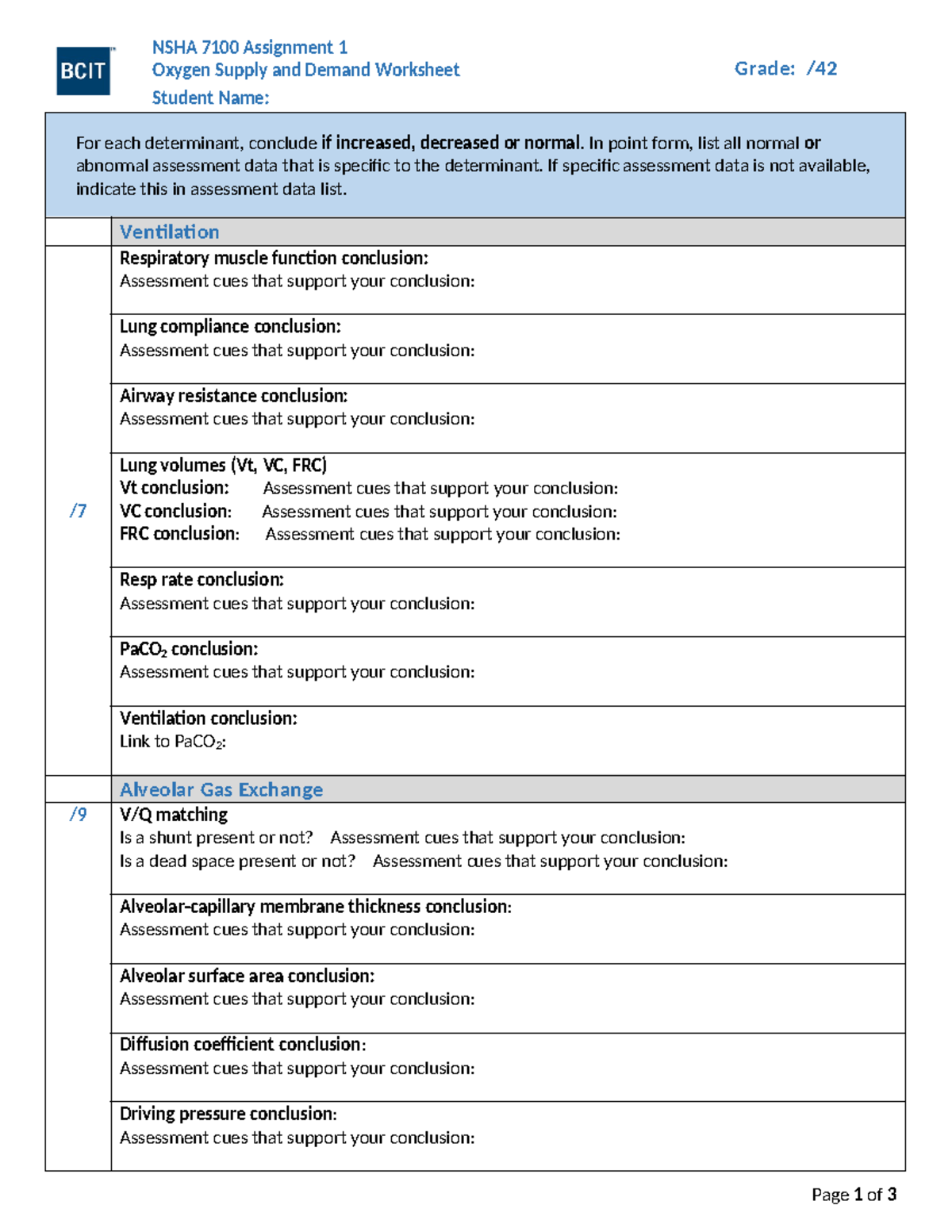 Assignment 1 O2 S&D Worksheet - NSHA 7100 Assignment 1 Oxygen Supply ...