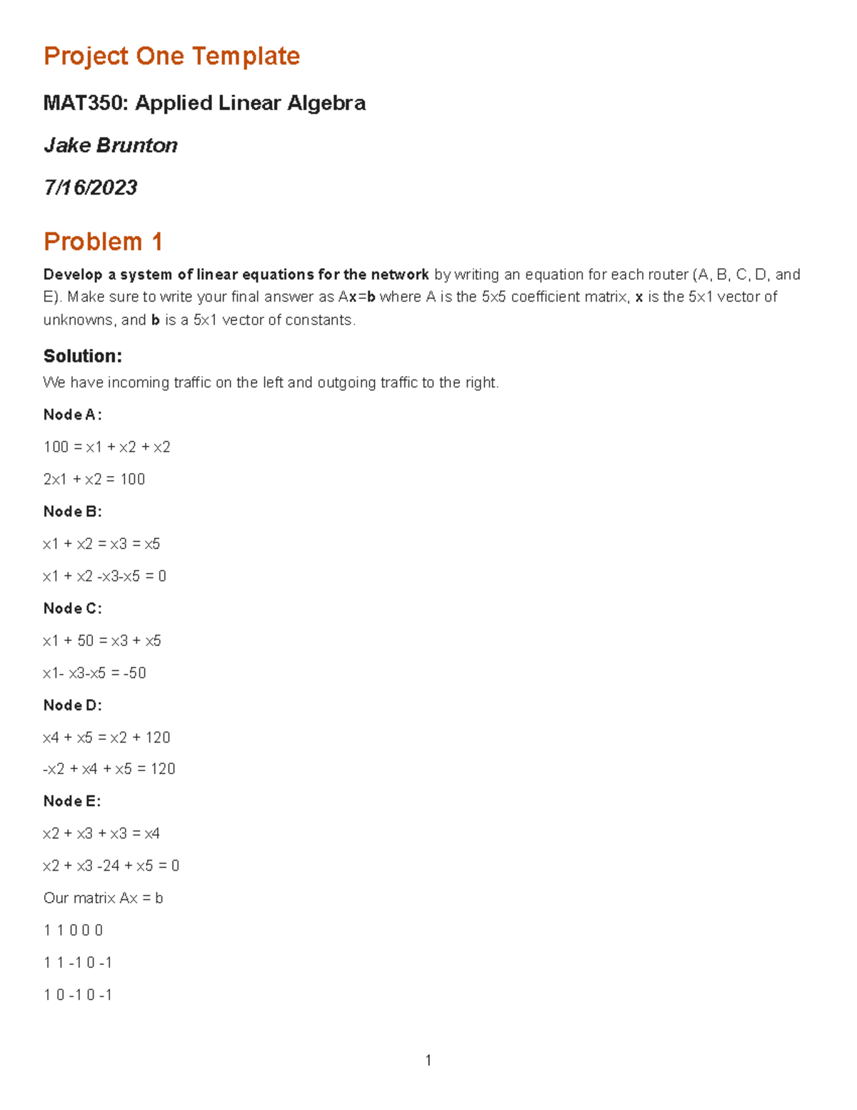Project One J B - Project One Template MAT350: Applied Linear Algebra ...