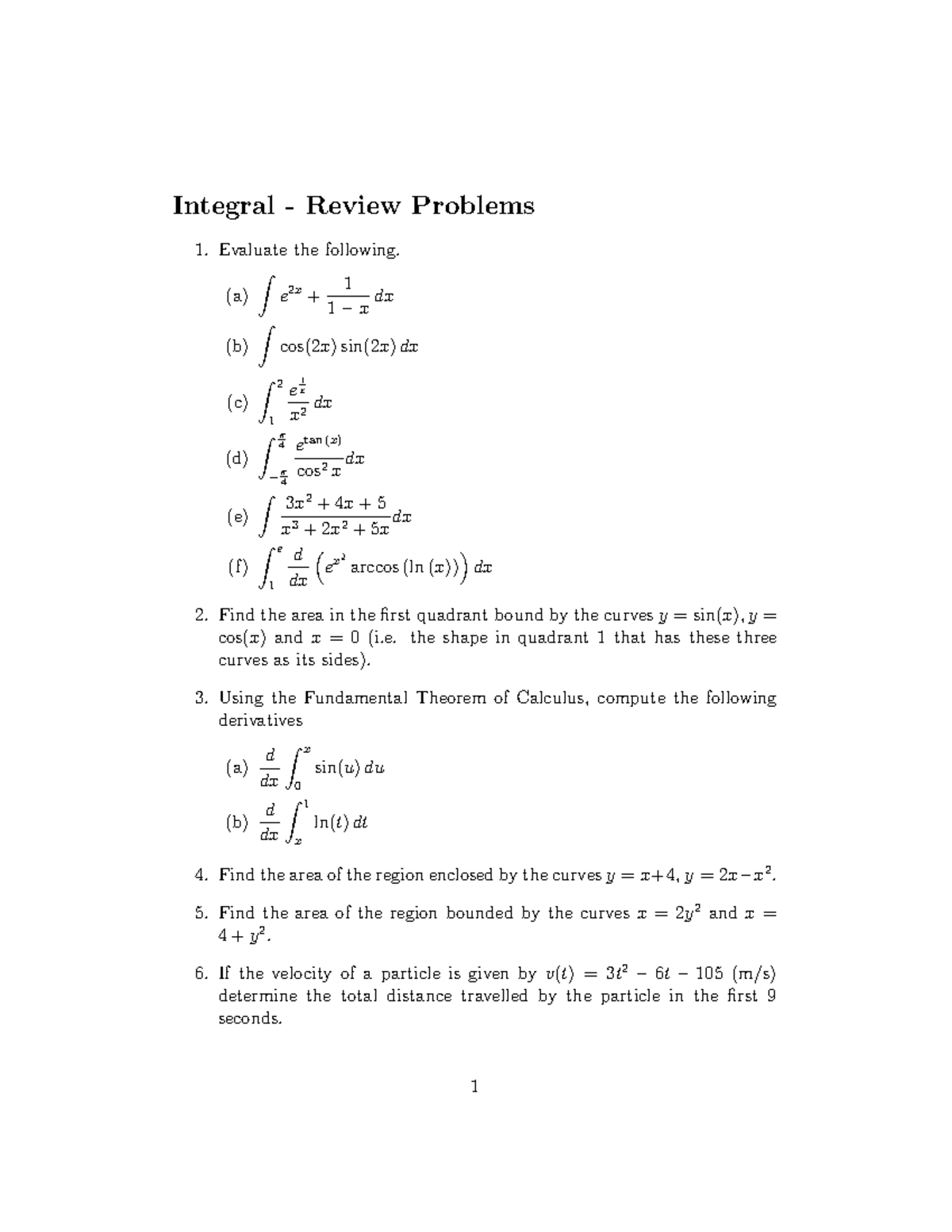 Integral Review - wddc - Integral - Review Problems Evaluate the ...