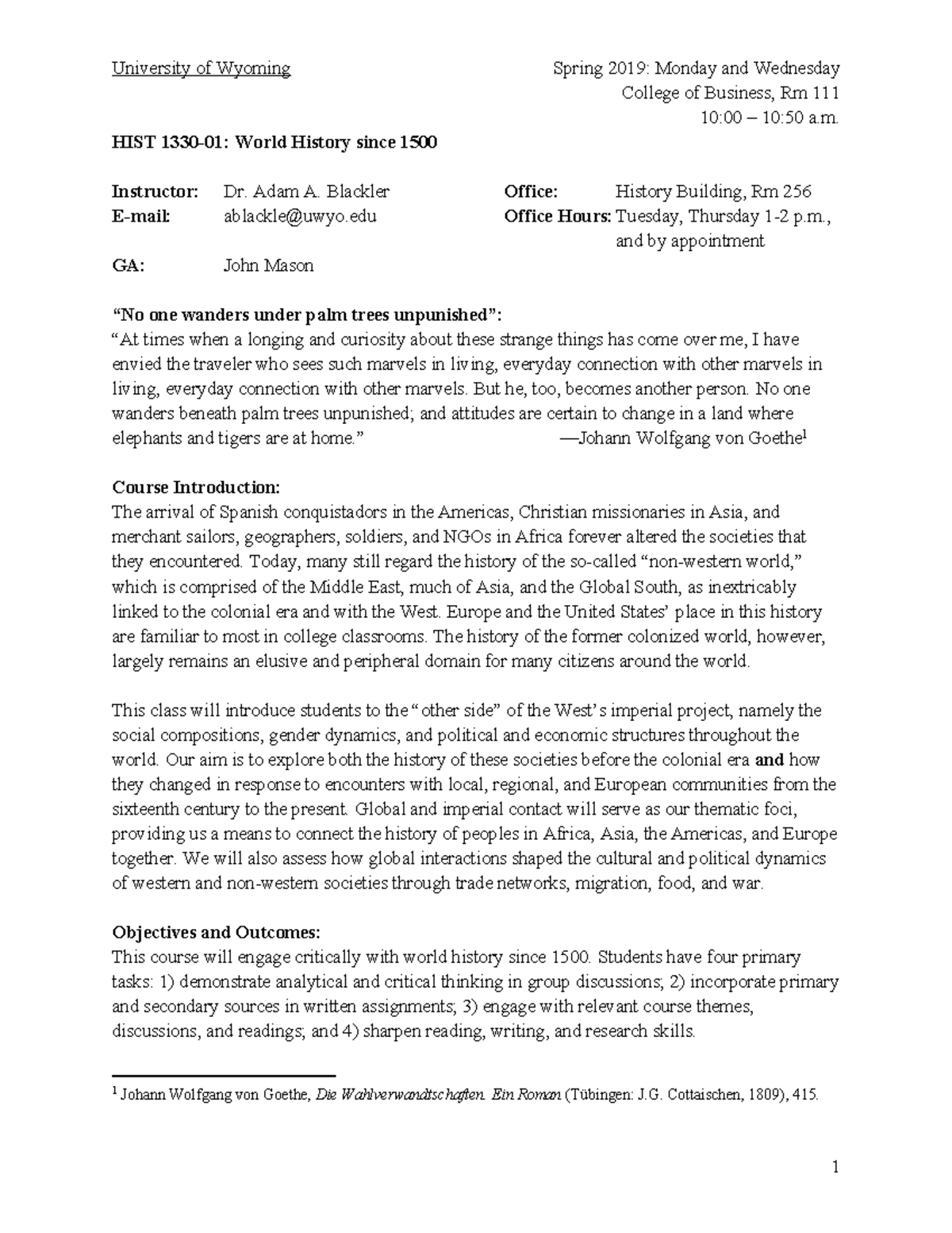 HIST 1330 01 World History since 1500 Syllabus - University of Wyoming ...