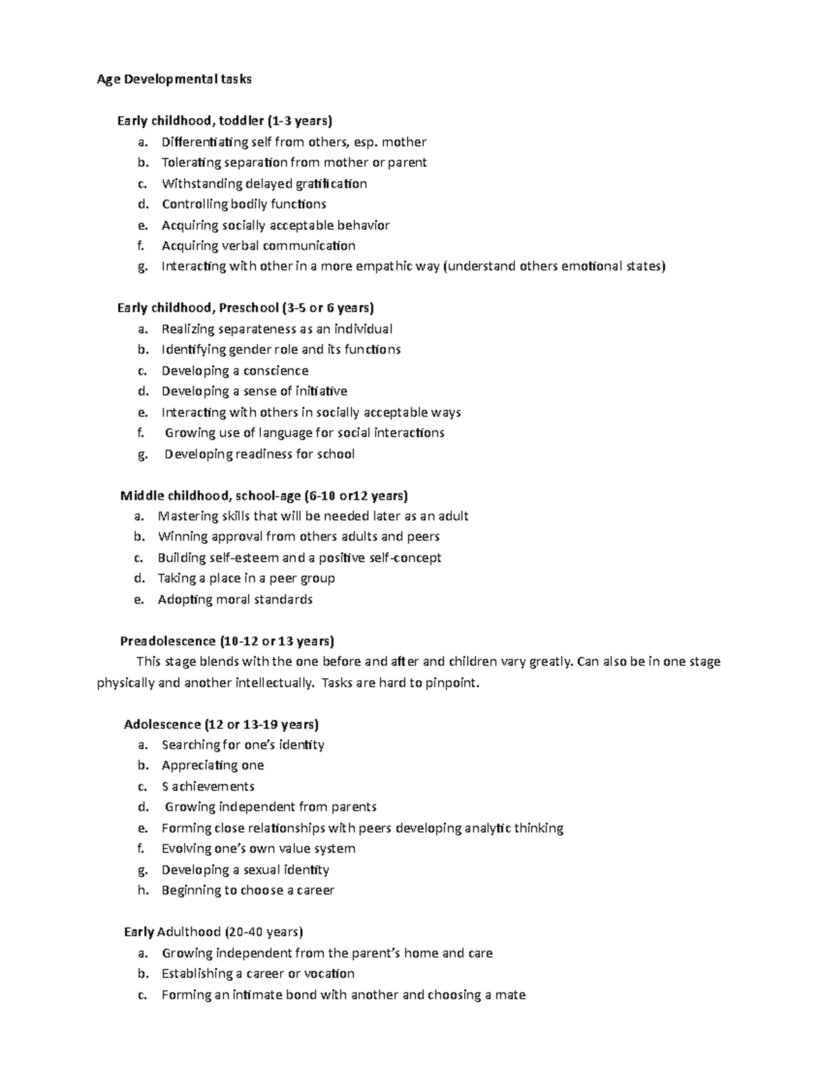 Age Developmental tasks - Age Developmental tasks Early childhood ...