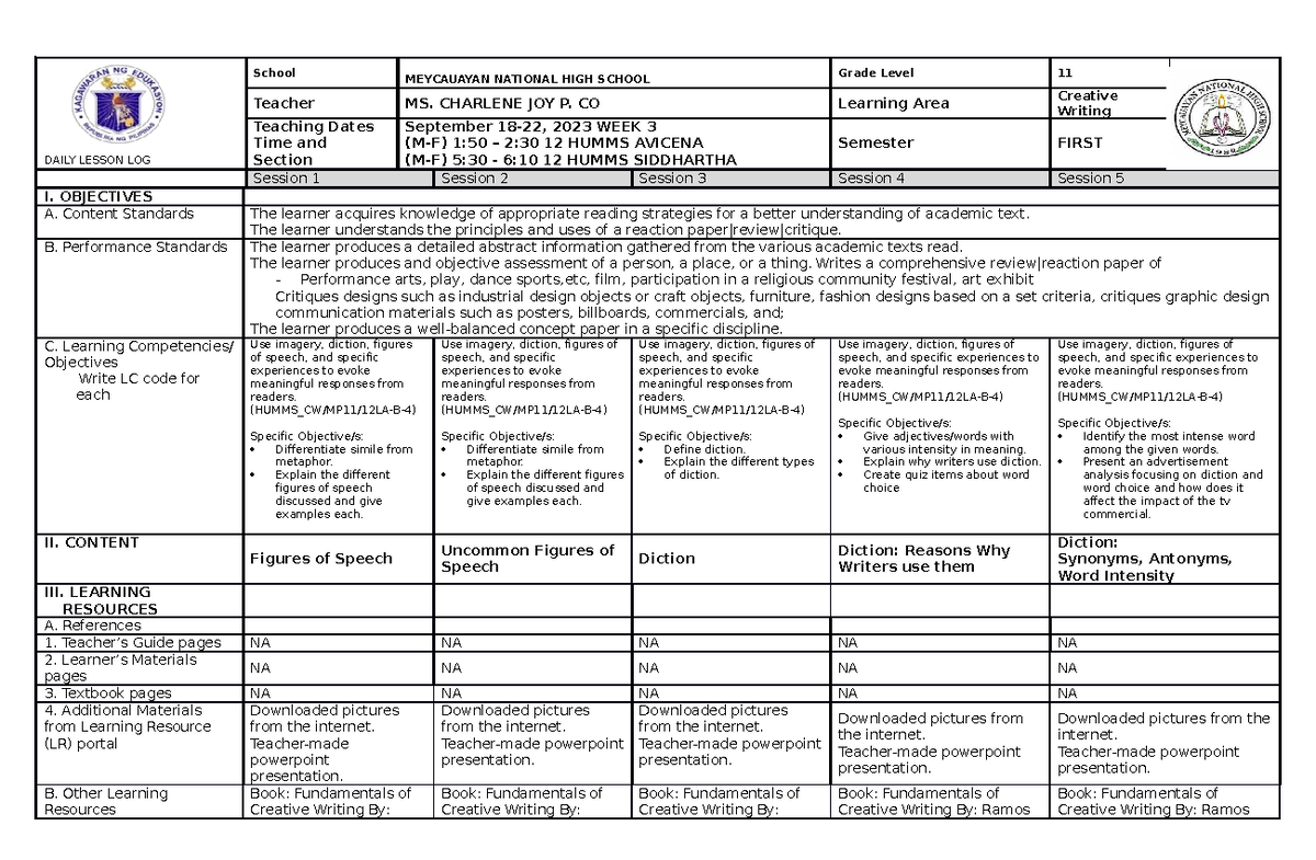 2023 Week 4 DLL CW- Charlene Co - DAILY LESSON LOG School MEYCAUAYAN NATIONAL HIGH SCHOOL Grade ...