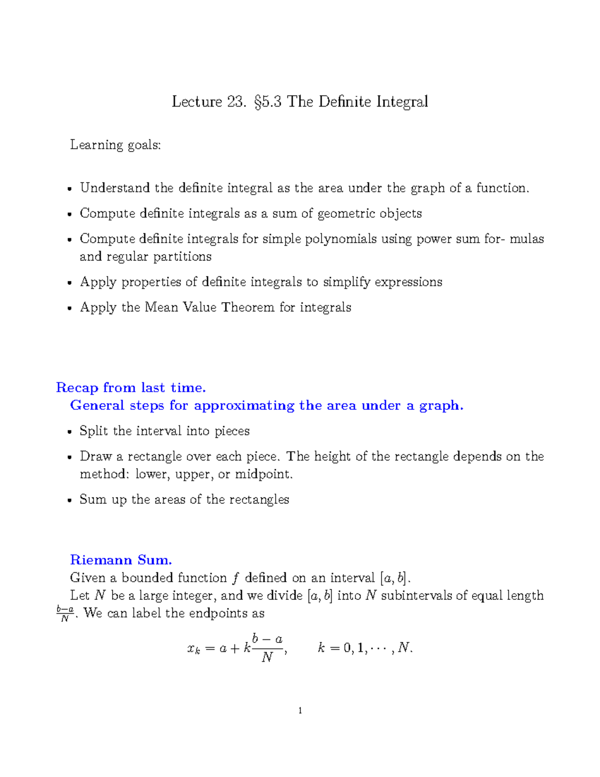 Lecture 23 before Class - Lecture 23. §5 The Definite Integral Learning ...