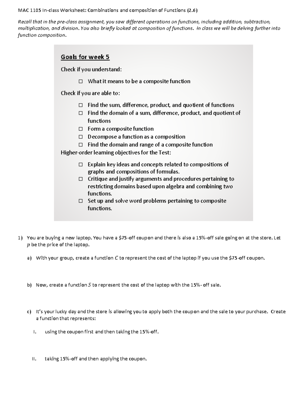 F23 In Class Week 5 Combining Functions - MAC 1105 In-class Worksheet: Combinations and ...
