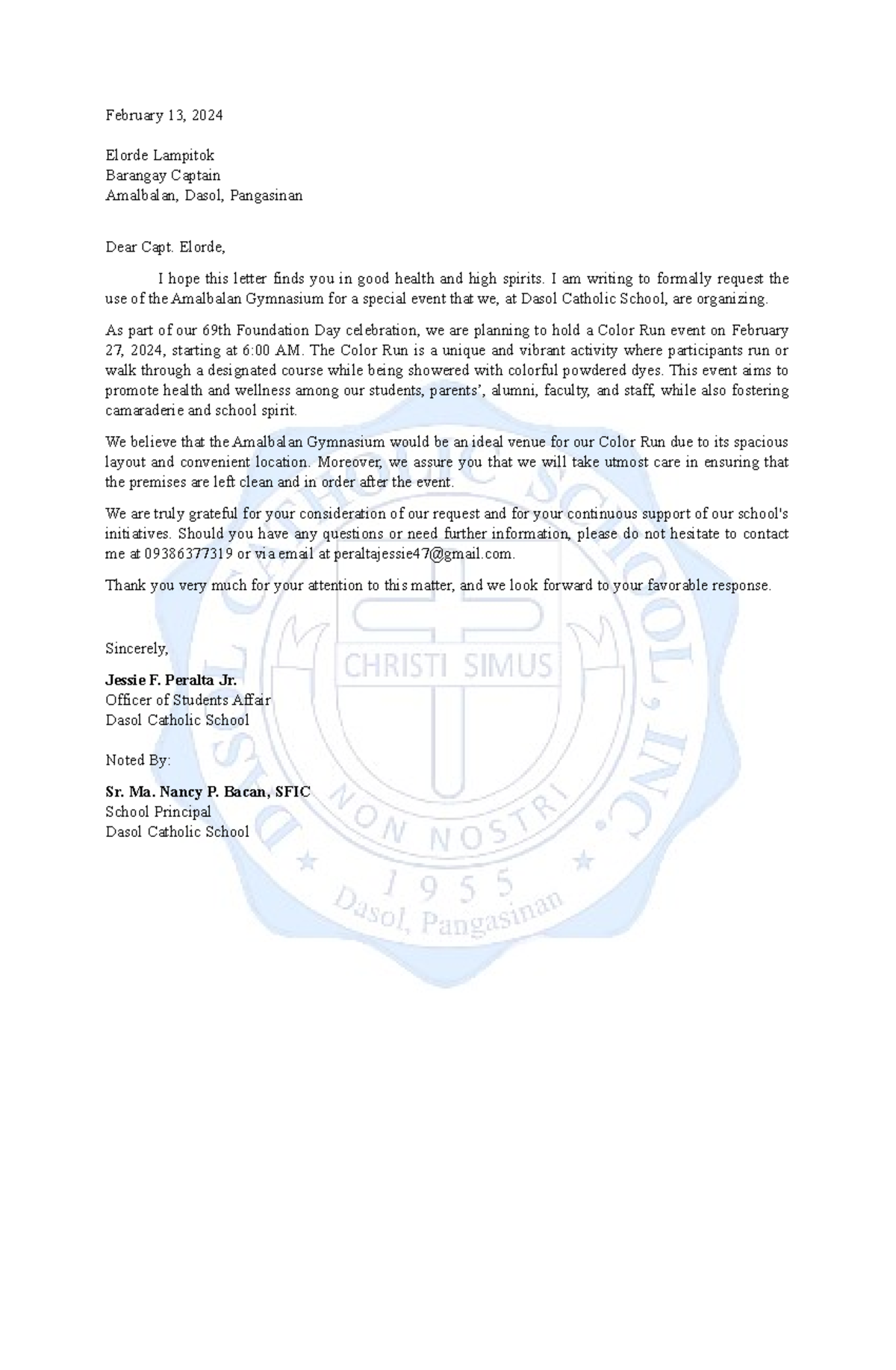 Letter for barangay captain amalbalan - February 13, 2024 Elorde ...