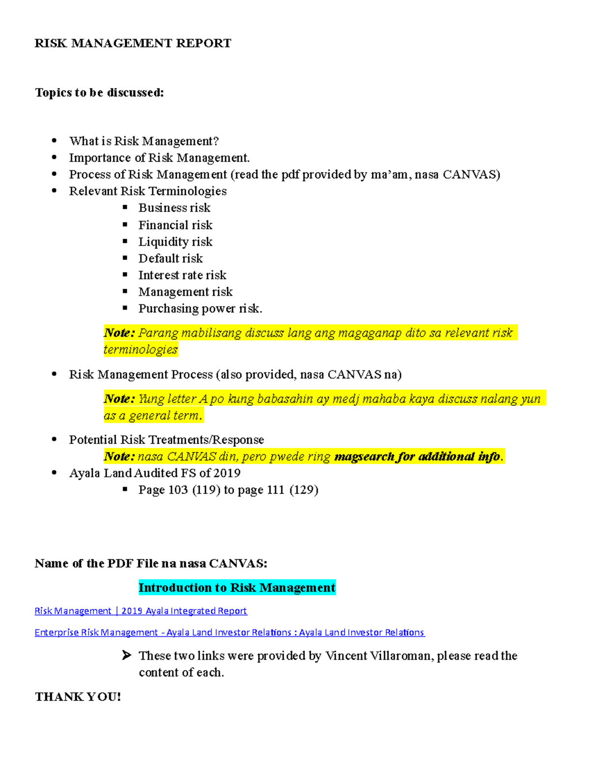 Report - Information - RISK MANAGEMENT REPORT Topics to be discussed ...