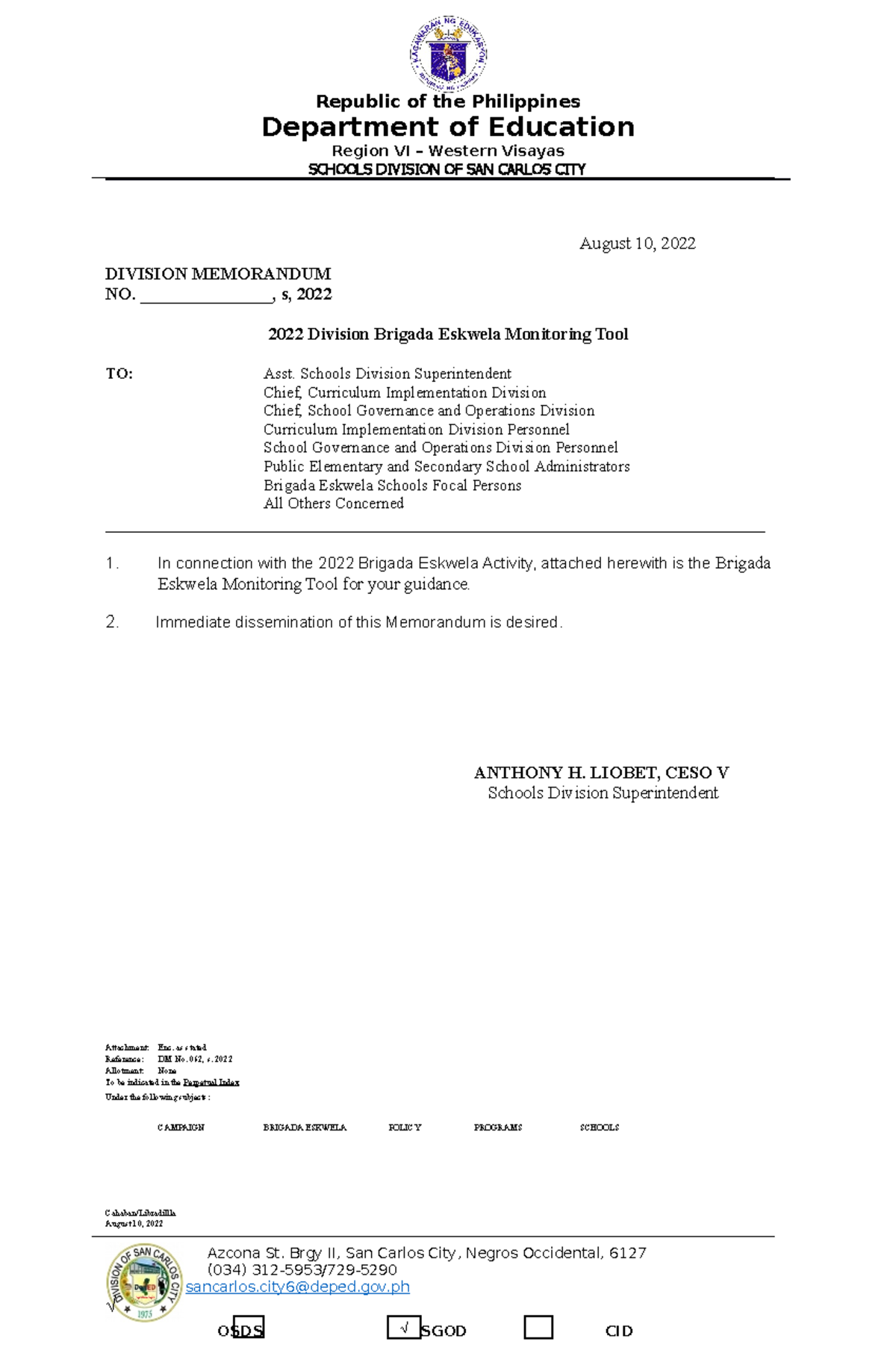 2022Brigada Eskwela monitoring tool memo - Department of Education ...