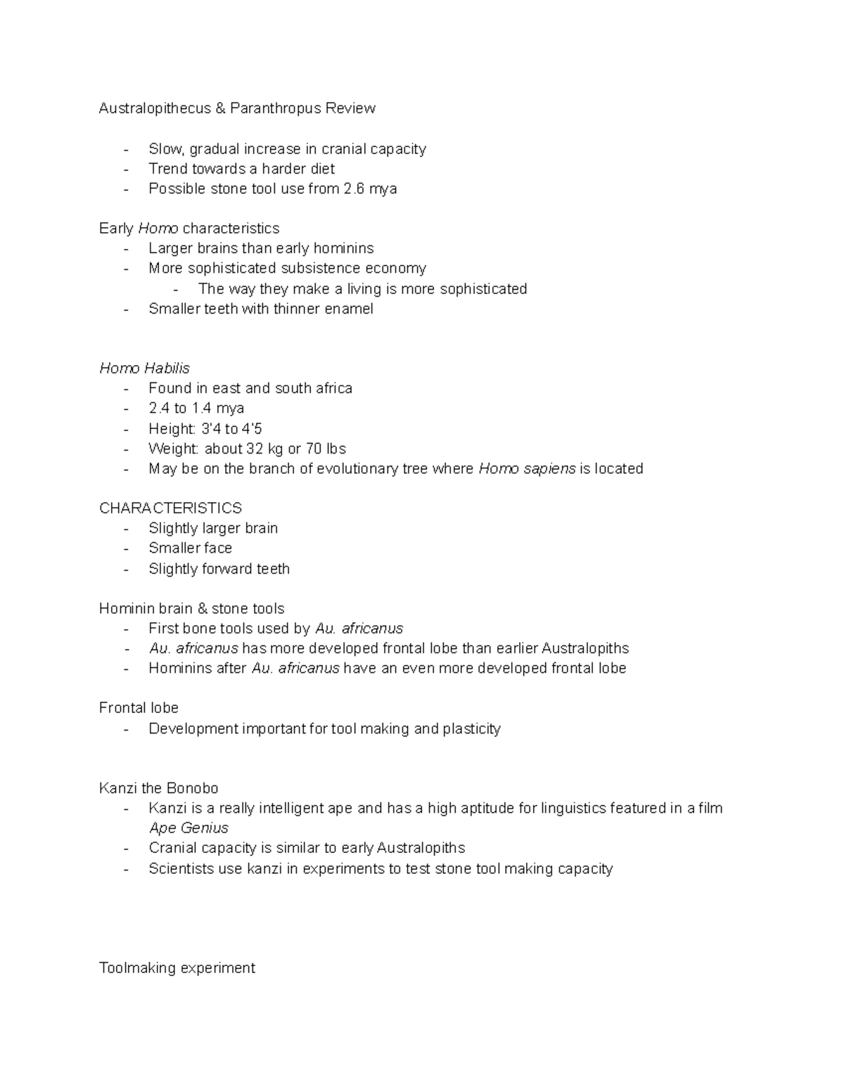 Early Homo - Australopithecus & Paranthropus Review Slow, gradual ...